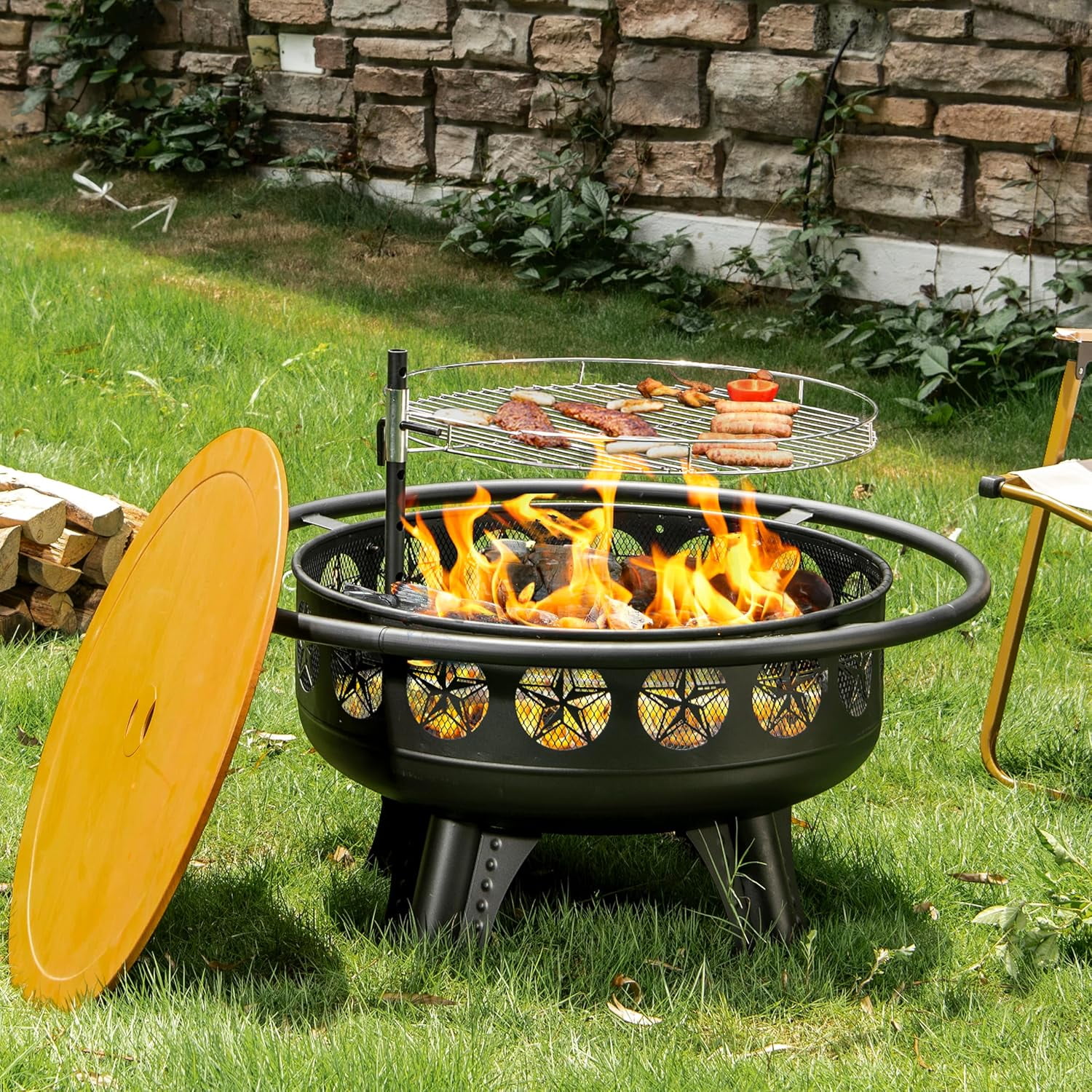 YANG2 32 Inch Fire Pit with Swivel Cooking Grate,3-in-1 Wood Burning ...