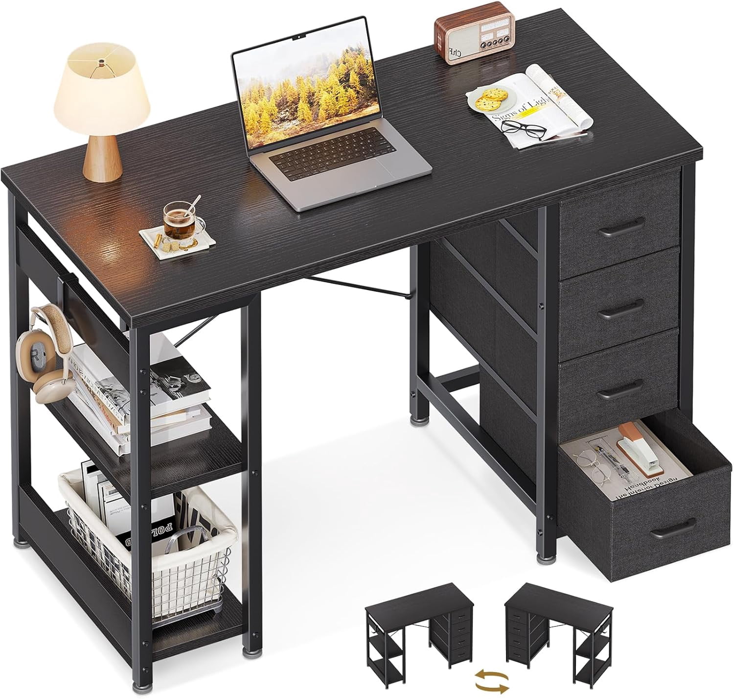 YANG2，40 Inch Small Computer Desk with 4 Fabric Drawers, Modern Writing ...