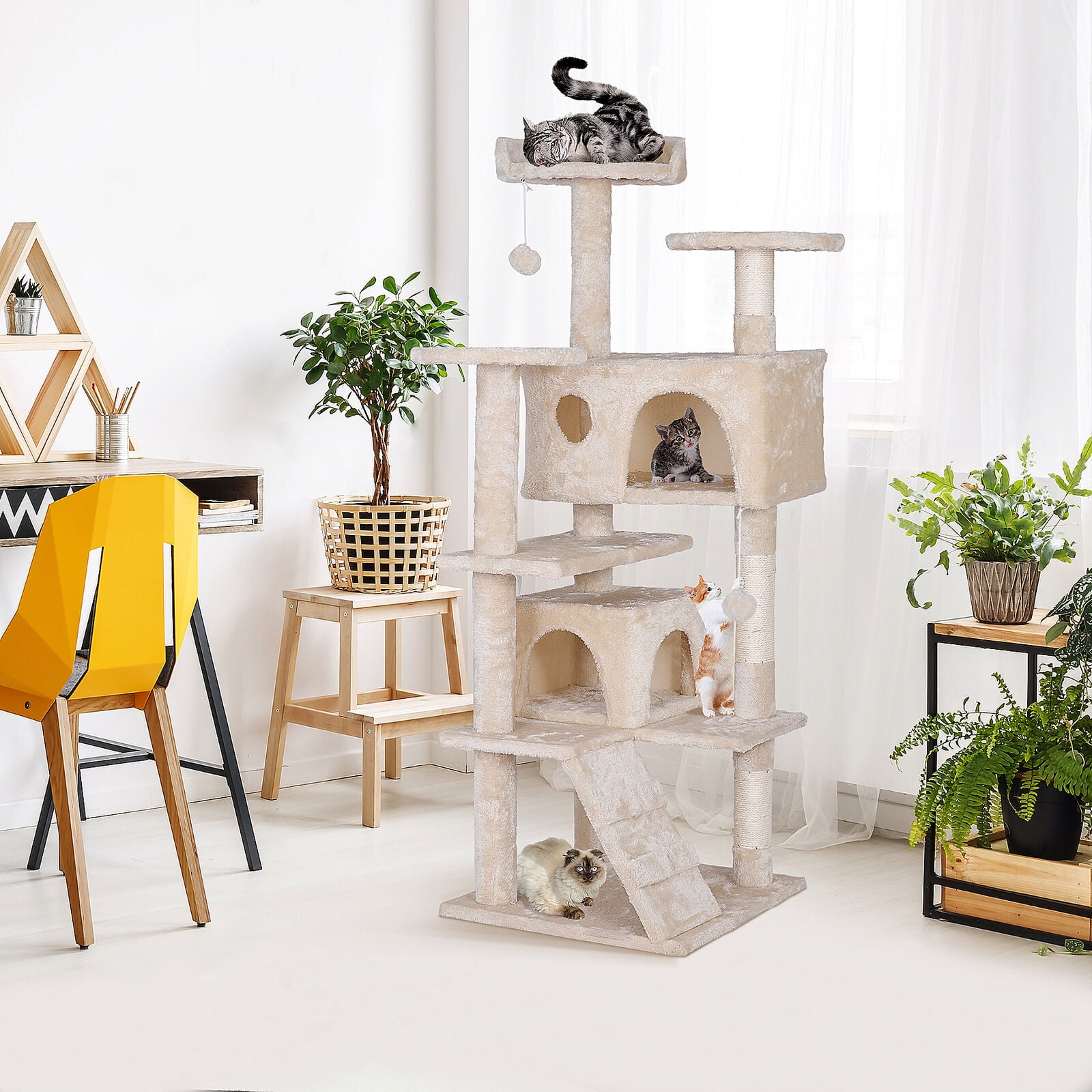 YANG2 55'' Cat Tree Condo - Sturdy Cat Activity Center with Scratching Posts, Light Beige Cat ...