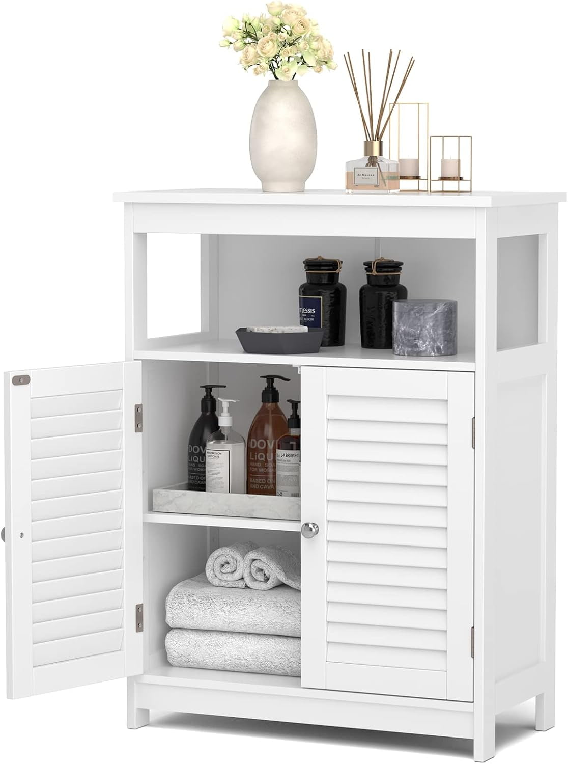 YANG2 Bathroom Floor Cabinet, Wooden Storage Cabinet with Double Shutter Doors & 3-Position ...