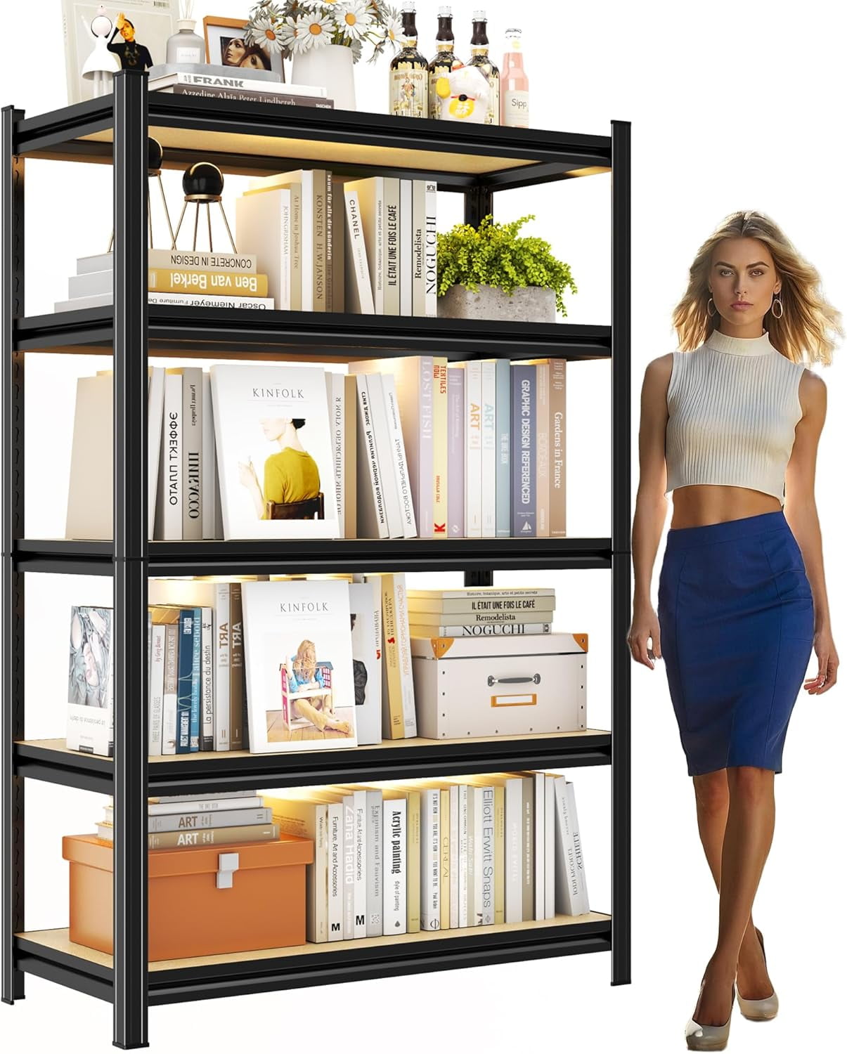 YANG2 Book Shelf 5 Tier Metal Wide Bookshelves Tall Bookshelf ...