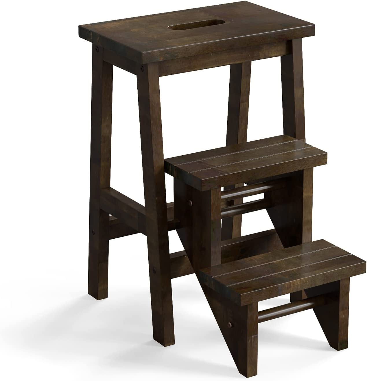 YANG2 Folding 3 Tier Step Ladder, Multifunction 3-in-1 Wood Step Stool ...