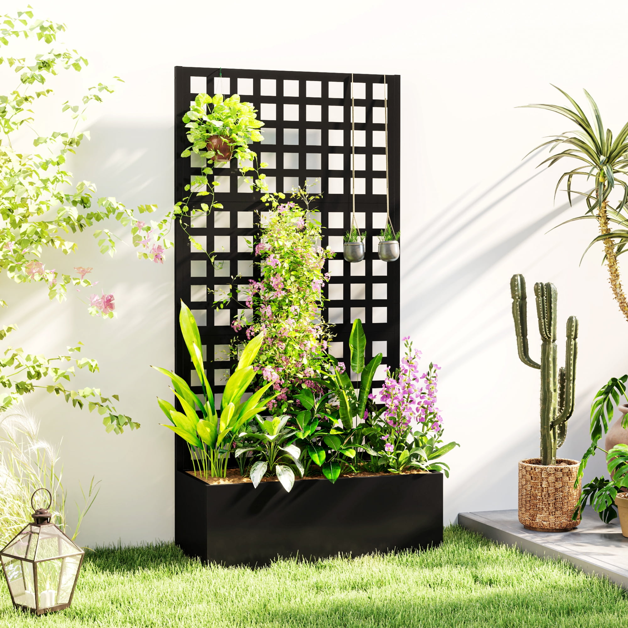 YANG2 Galvanized Raised Garden Bed with Trellis, Metal Planter Box with Drainage Holes, Outdoor ...