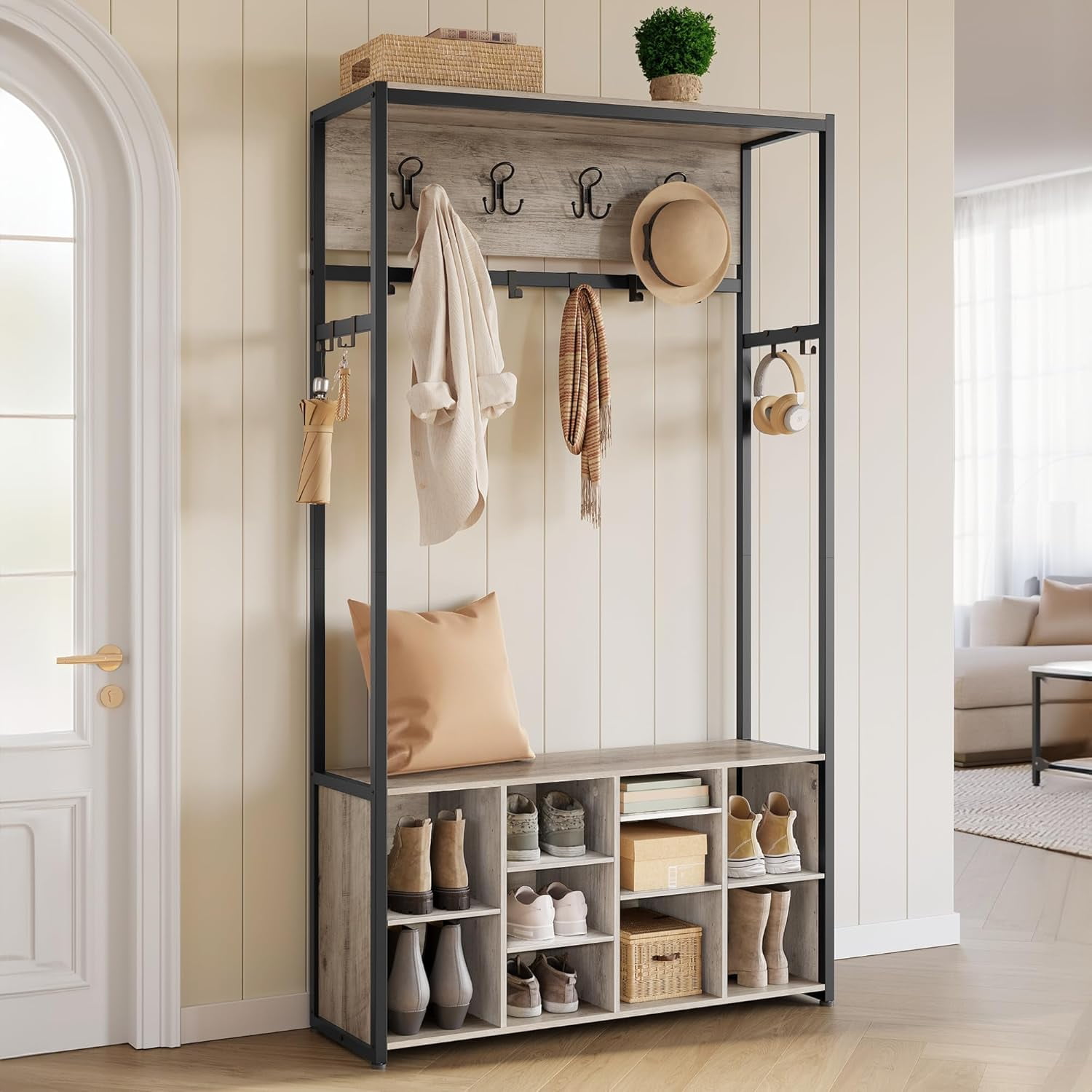 YANG2 Hall Tree with Bench and Shoe Storage, Coat Rack with Shoe Bench ...