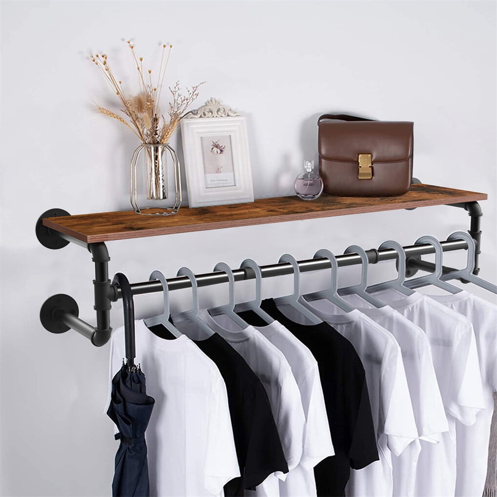 YANG2 Industrial Pipe Wall-Mounted Clothes Rack with Top Shelf - Heavy ...