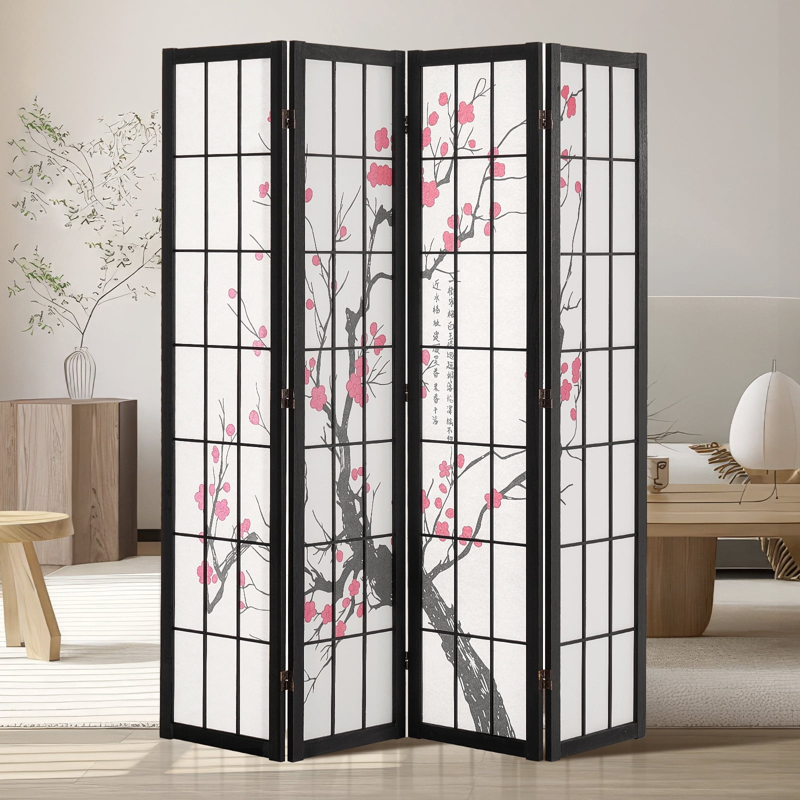 YANG2 Japanese Room Divider - 4 Panel Screen for Room Separation ...