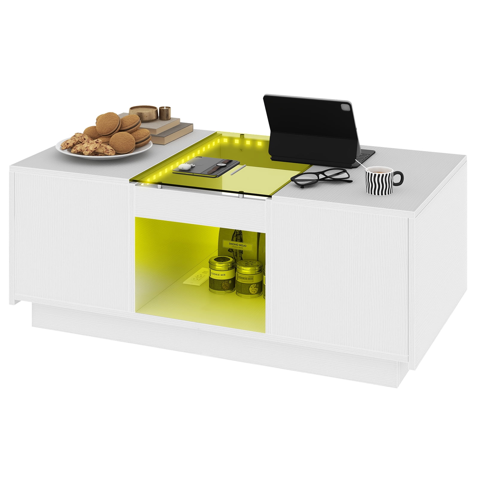 YANG2 Modern LED Coffee Table with Power Outlets White 2 Drawers Living ...