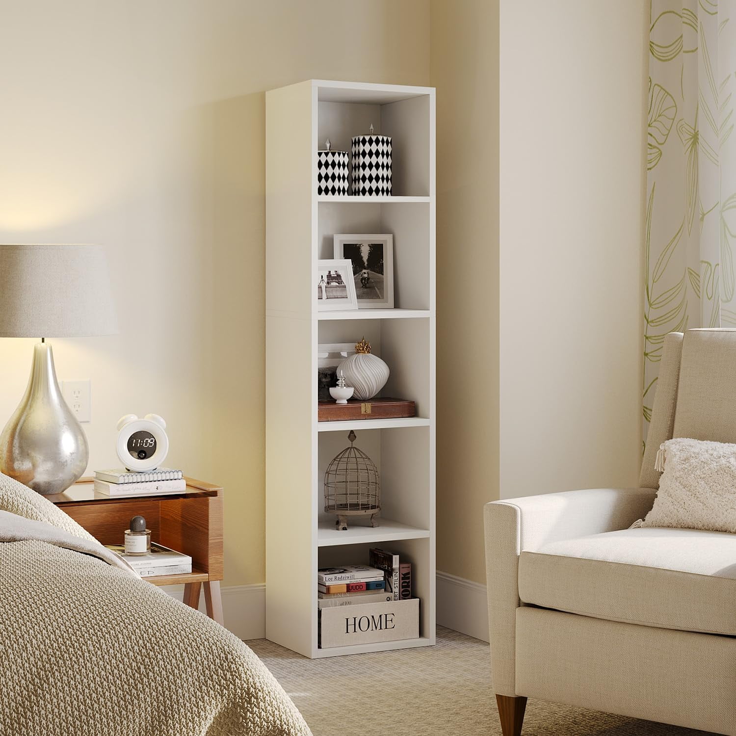 YANG2 Narrow Bookshelf, 5-Tier Open Bookcase, Coner Shelf, Storage Shelves, Display Storage ...