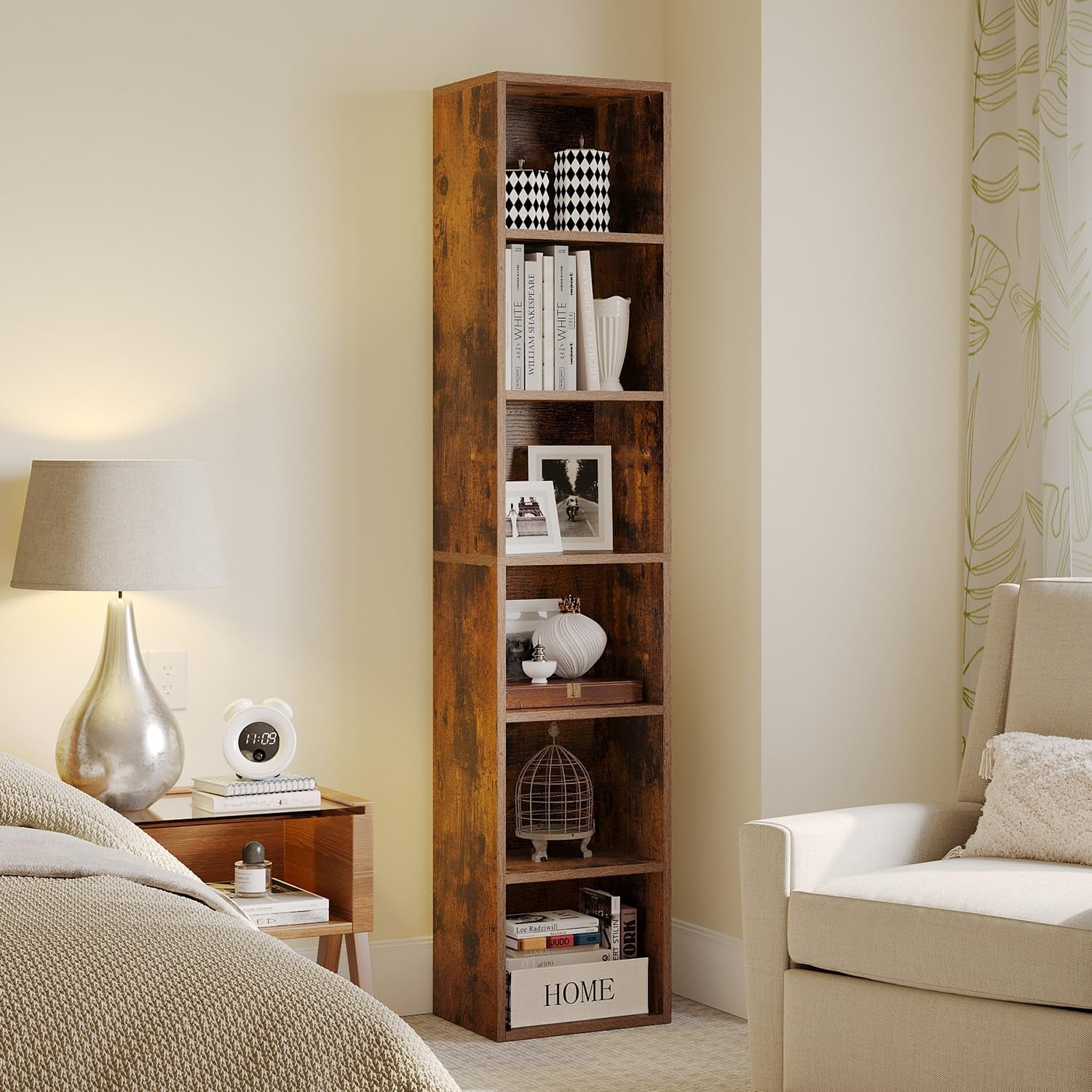 YANG2 Narrow Bookshelf, 6-Tier Open Bookcase, Coner Shelf, Storage Shelves, Display Storage ...