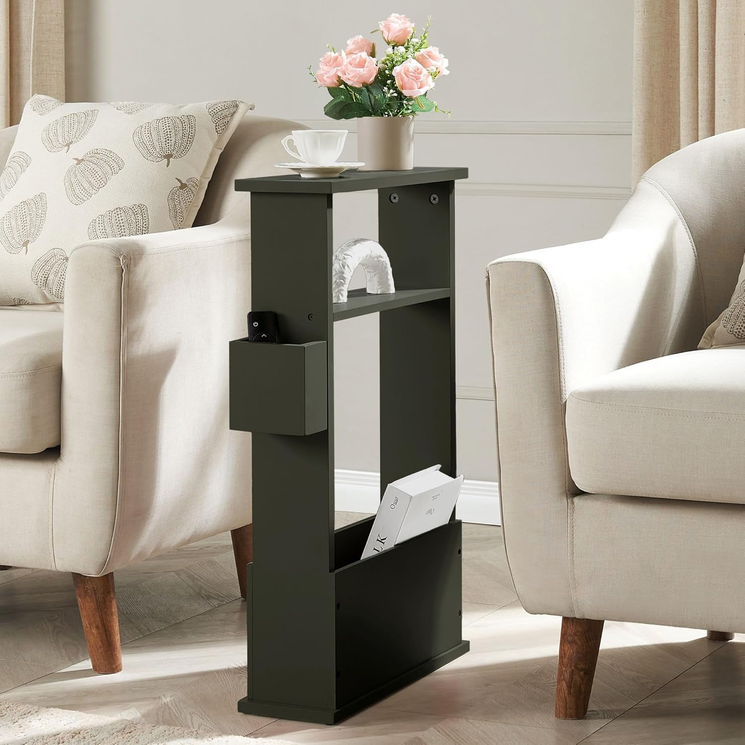 YANG2 Narrow Side Table with Storage Shelf - Modern Slim Sofa End Table, Bedside Table with ...