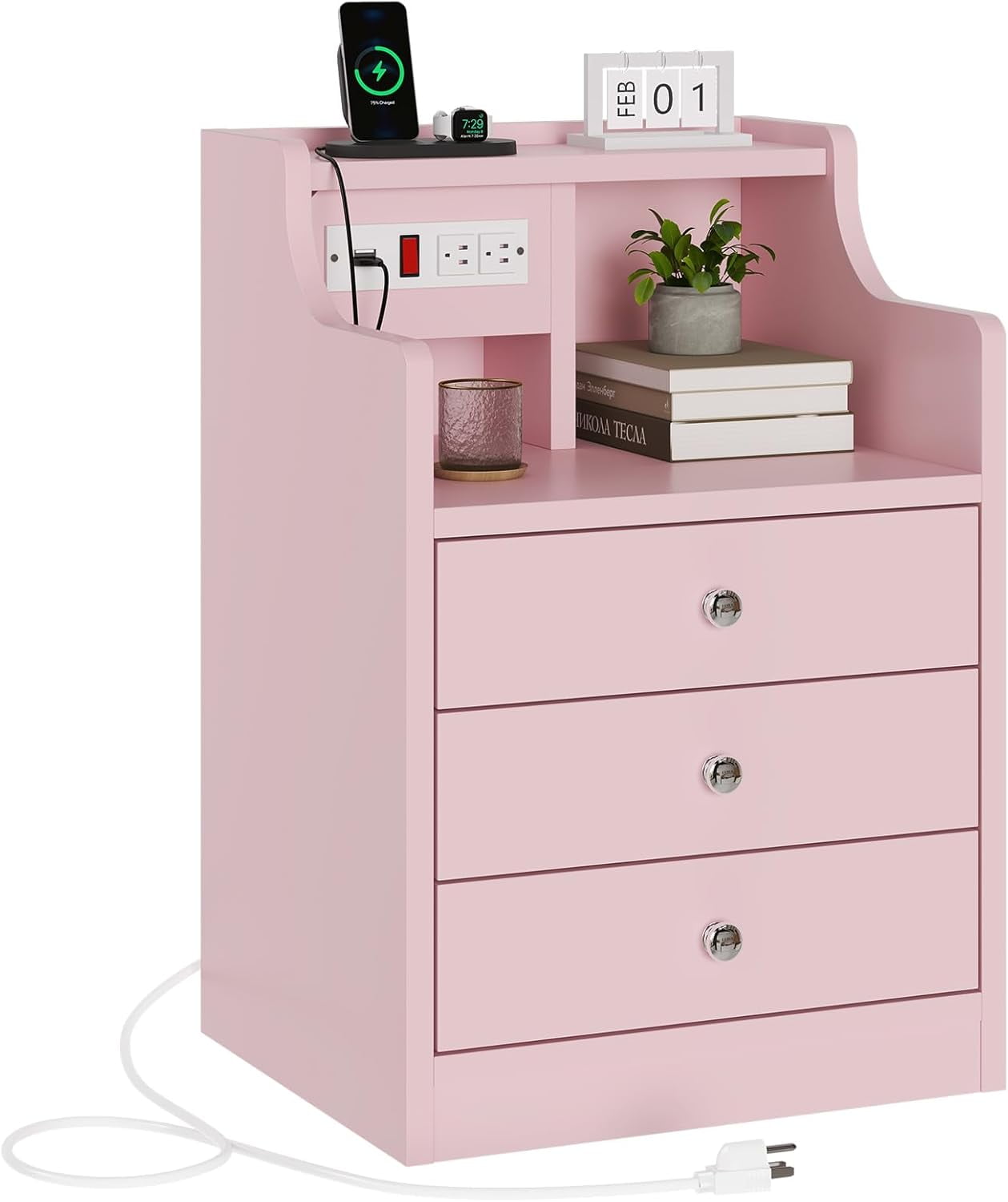 YANG2 Nightstand with Charging Station,Pink Night Stand with Hutch ...