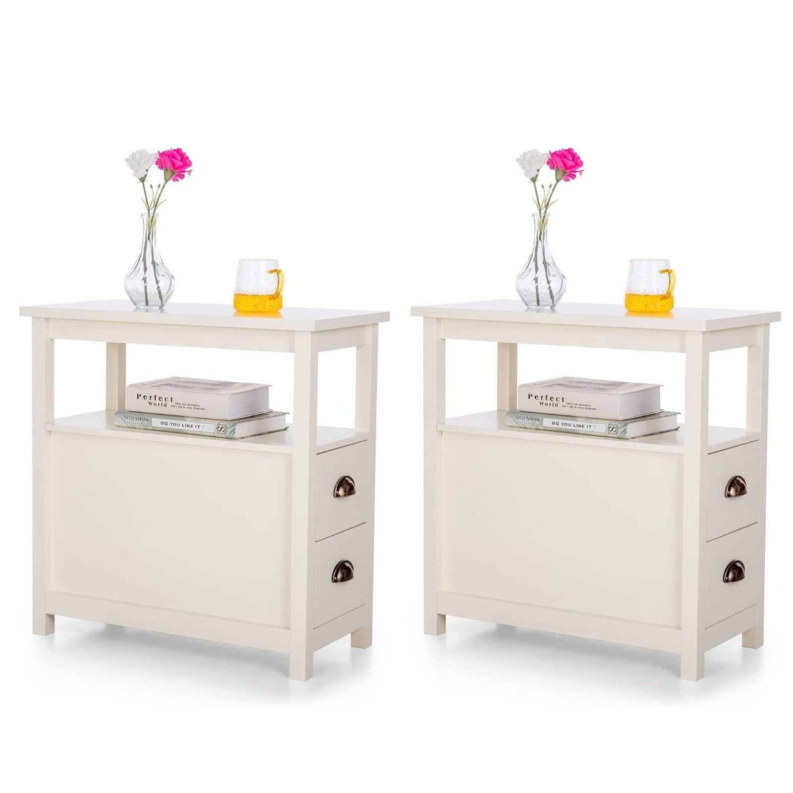 YANG2 Premium 1 Piece Chairside End Table Set - Narrow Stand with 2 ...