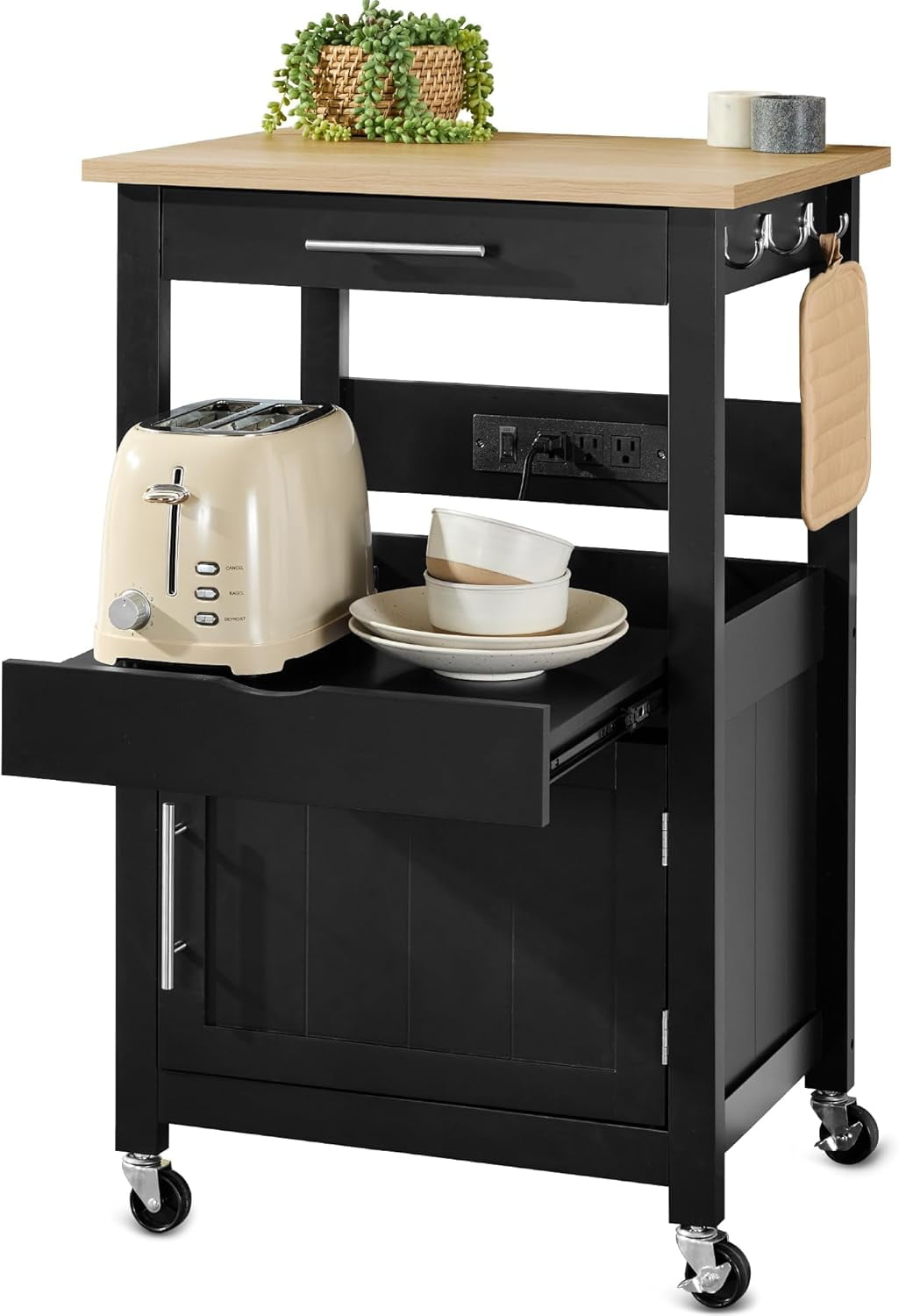 YANG2 Rolling Kitchen Island Cart, Single Door Cabinet w/Drawer, Sliding Tray, Hidden Outlet ...