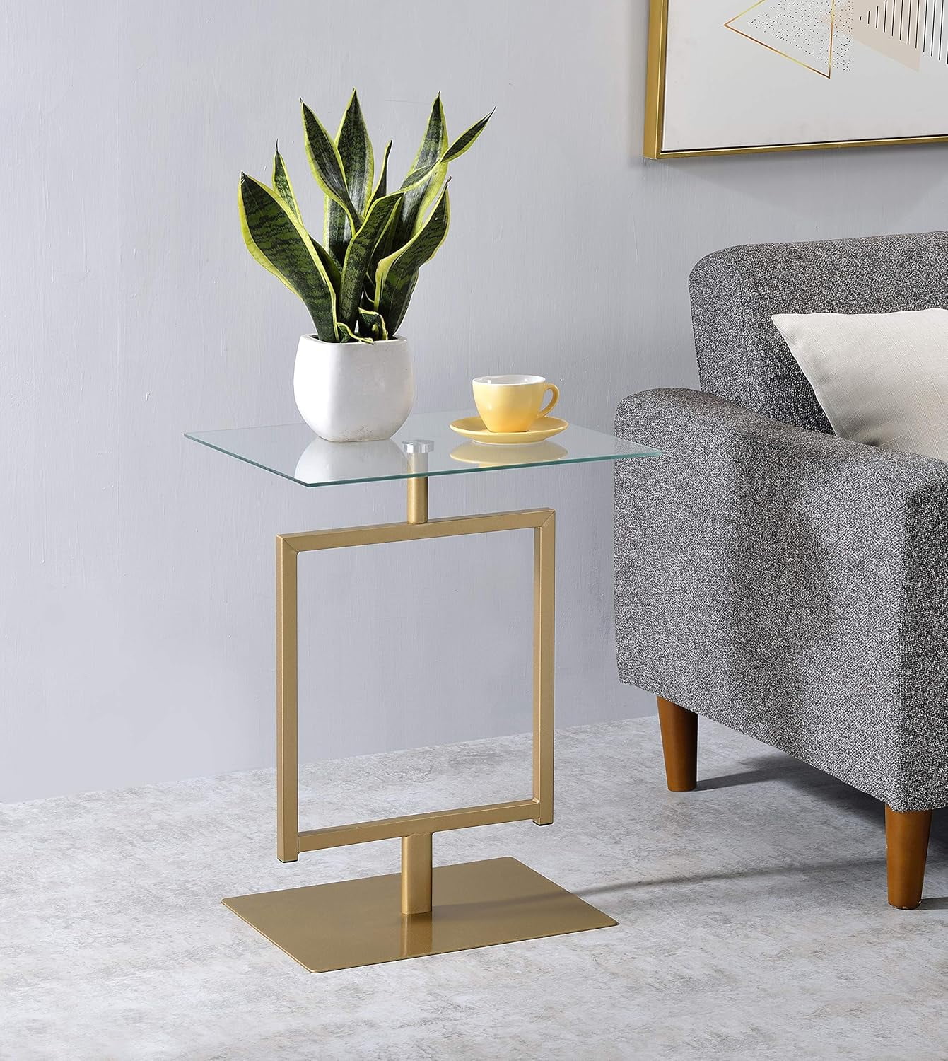 YANG2 -Side Table - Gold Metal Base and Tempered Glass Top - Rectangle Pedestal Table for ...