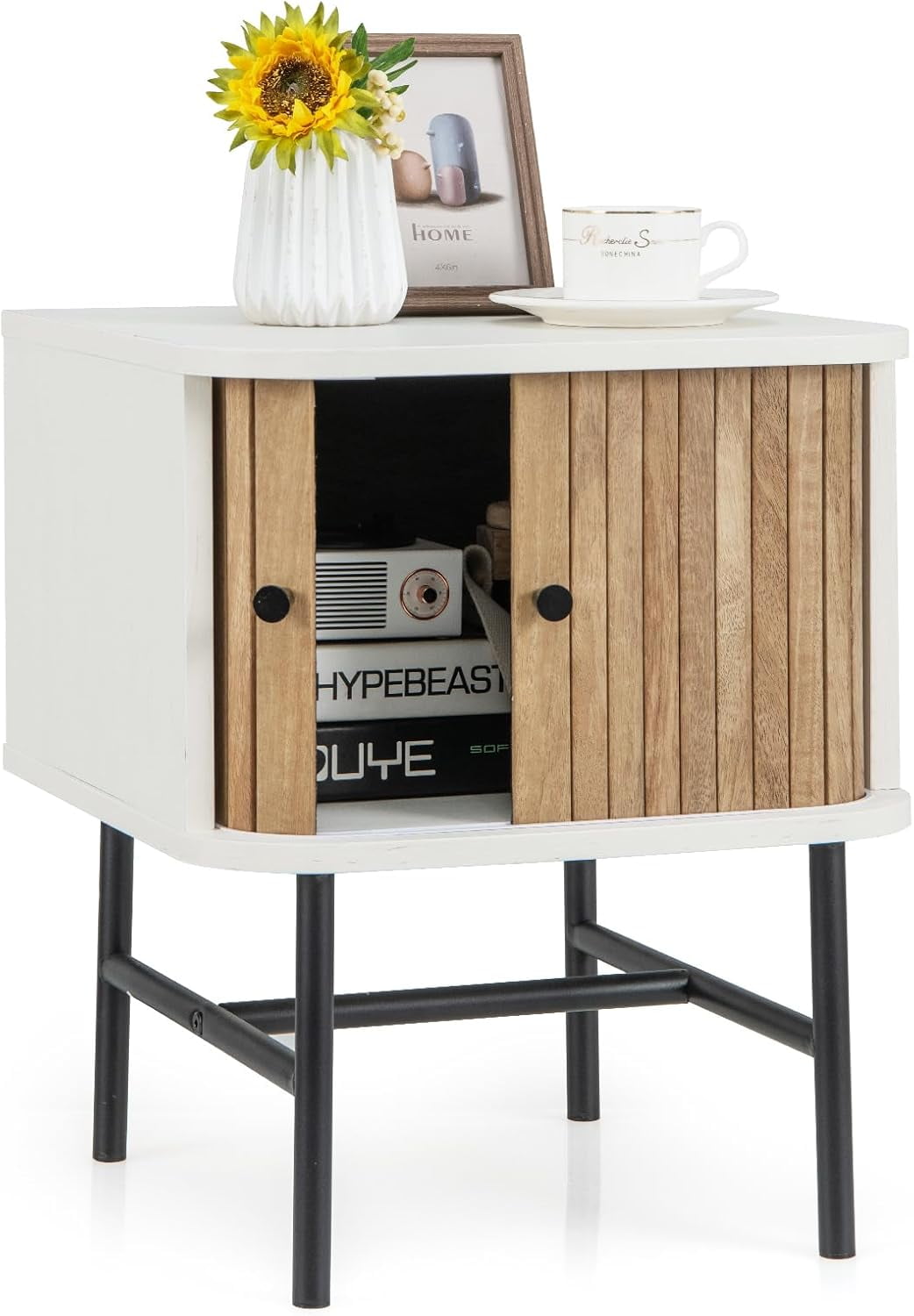 YANG2 Sliding Door Nightstand, Mid-Century Storage End Table with Solid ...