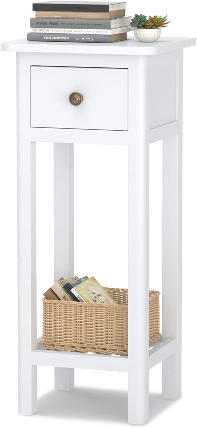 YANG2 Tall End Table, Narrow Side Table with Drawer and Shelf, Acacia ...
