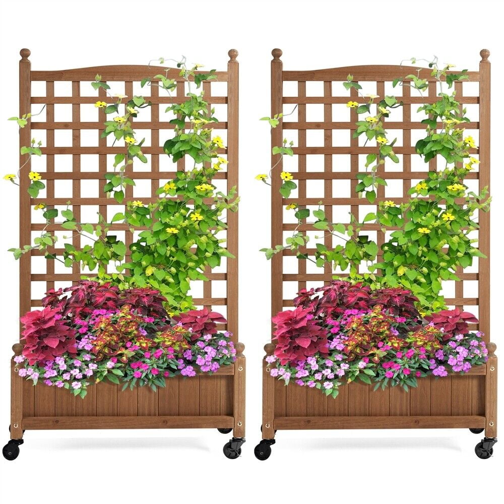 YANG2 Wooden Raised Garden Bed with Trellis & Wheels Standing Planter ...
