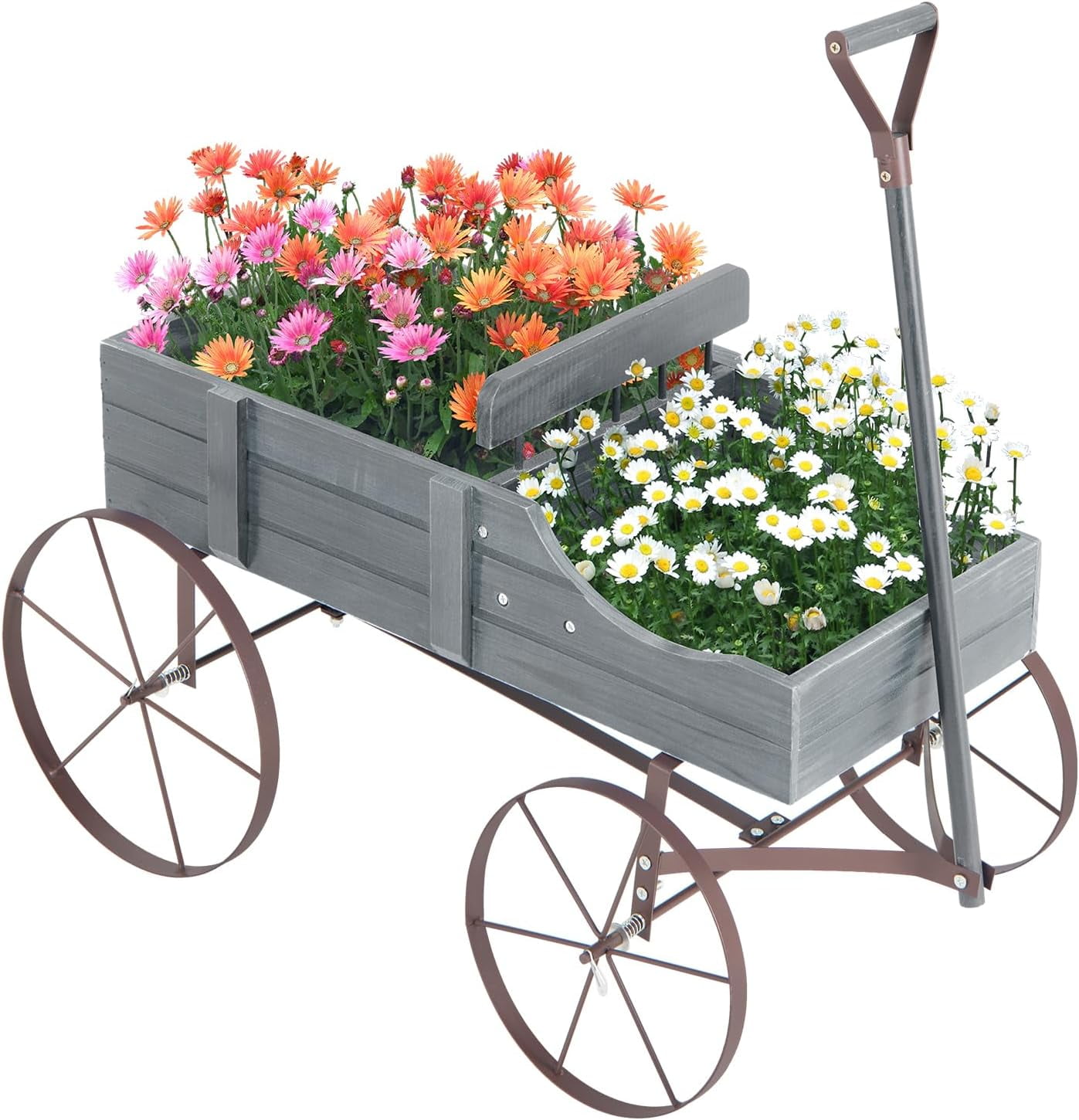 YANG2 Wooden Wagon Planter, Decorative Garden Wheelbarrow Planter with 2 Planting Sections ...