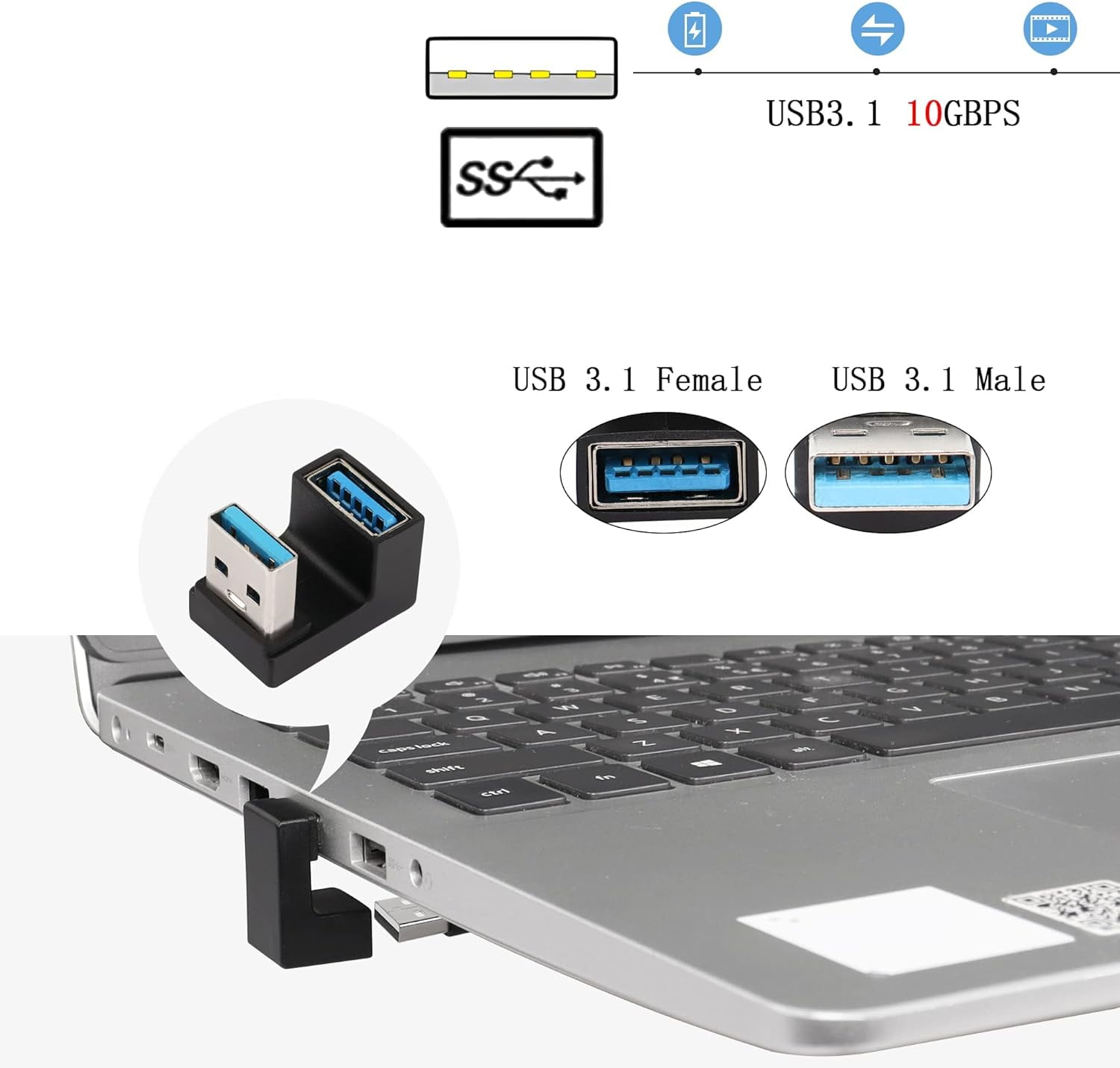 YANGCYY Set of 2 Premium 90 Degree USB 3.1 Male to Female Right Angle ...