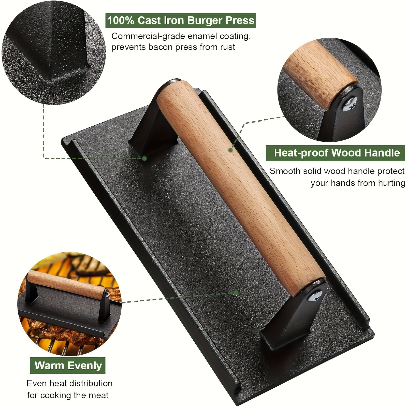 YANGKJ Sturdy Heavy-Duty Round & Rectangle Cast Iron Burger Press Set ...