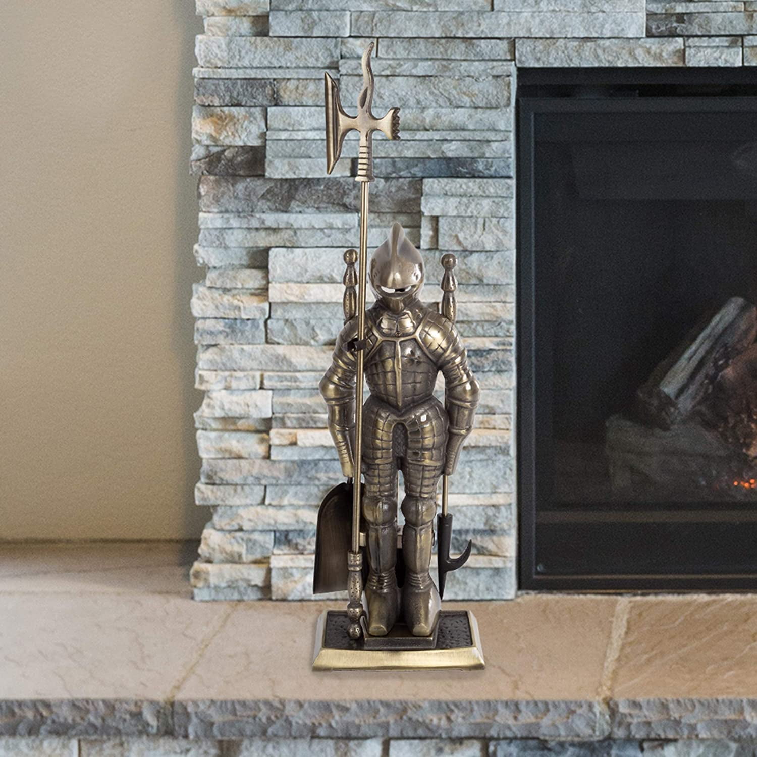 YANGLI 3-Piece Fireplace Tool Set with Medieval Knight Statue Stand ...