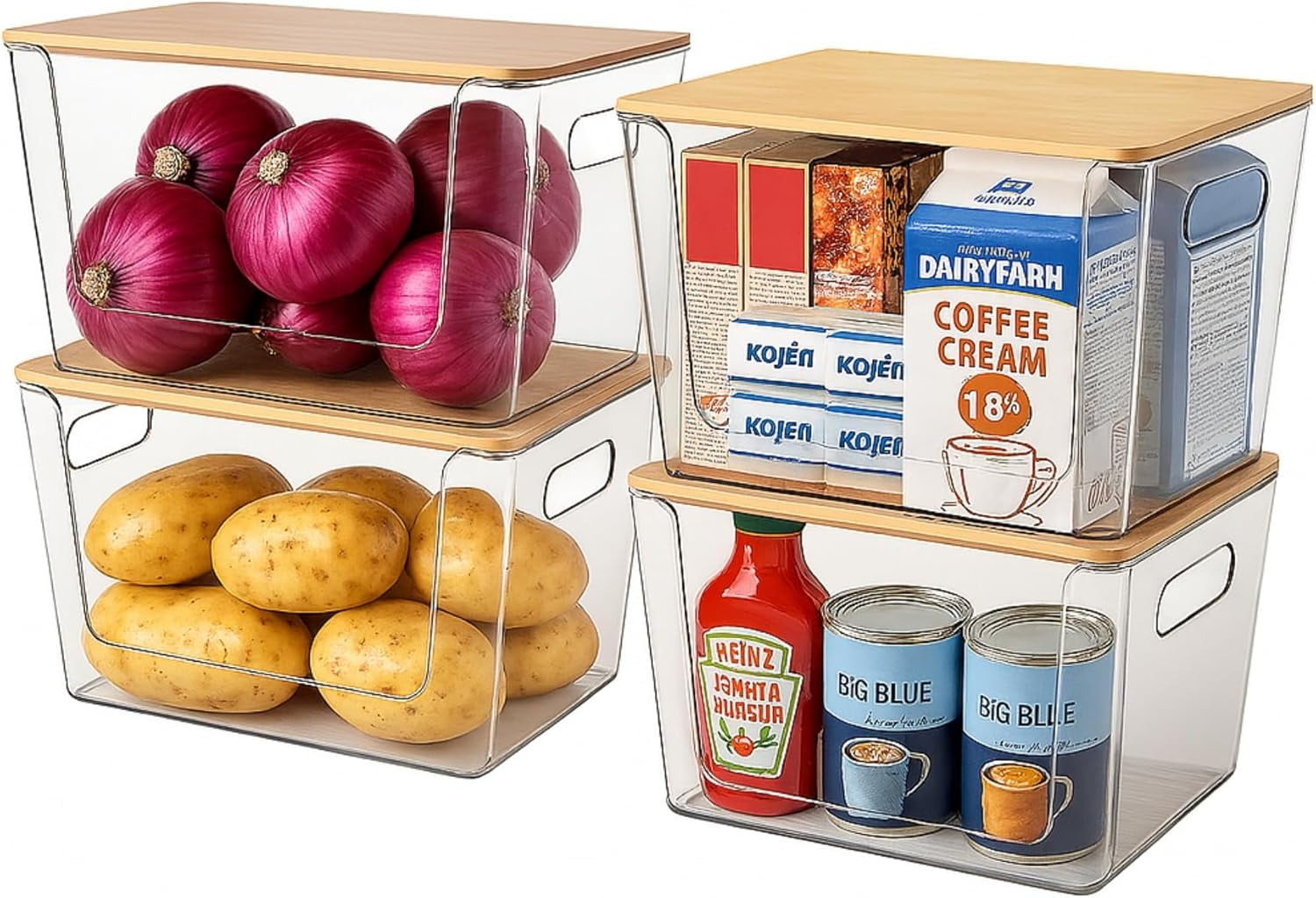 YANGLI 4-Pack Clear Stackable Potato & Onion Storage Bins with Bamboo ...