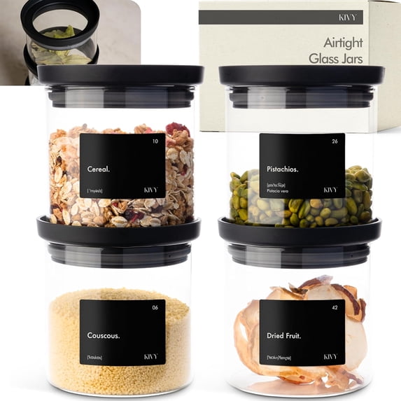 YANGLI 4-Piece Airtight Glass Jar Set with Lids & Labels, 17oz Each ...