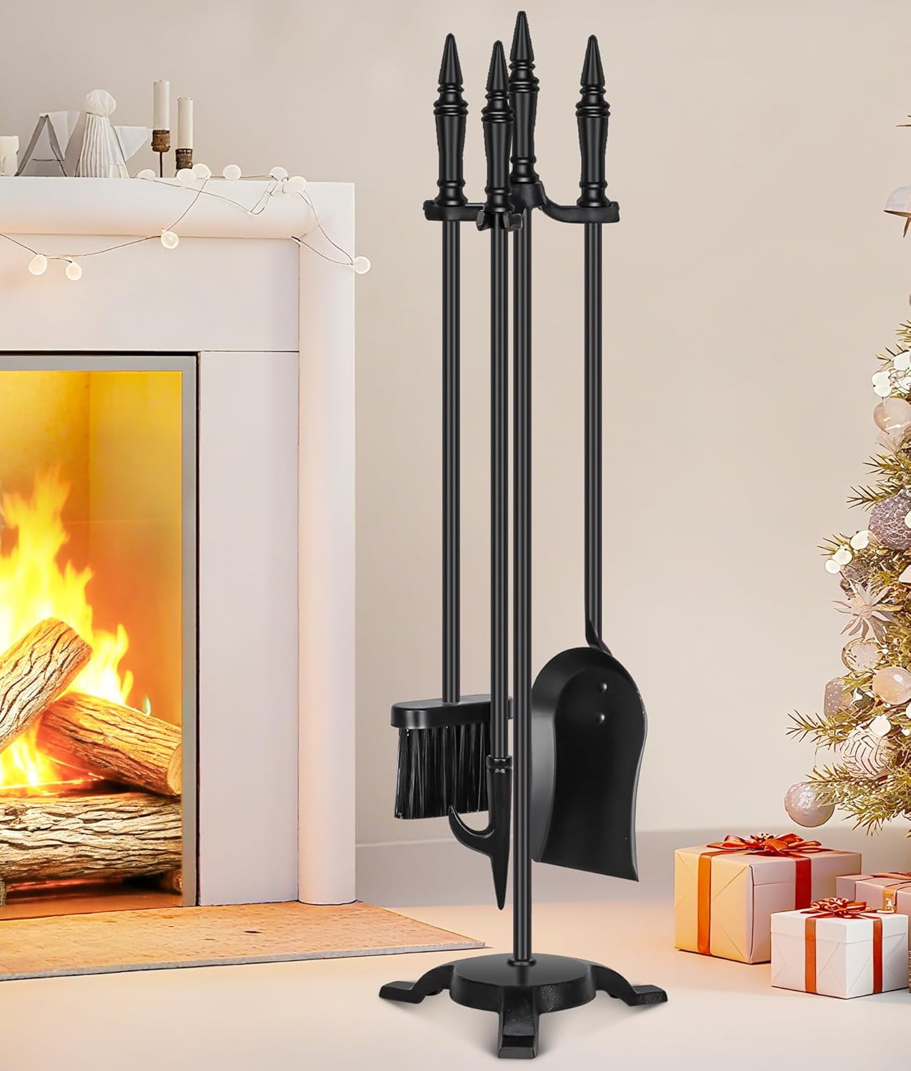 YANGLI 4-Piece Wrought Iron Fireplace Tool Set, 31 Inches, Black ...