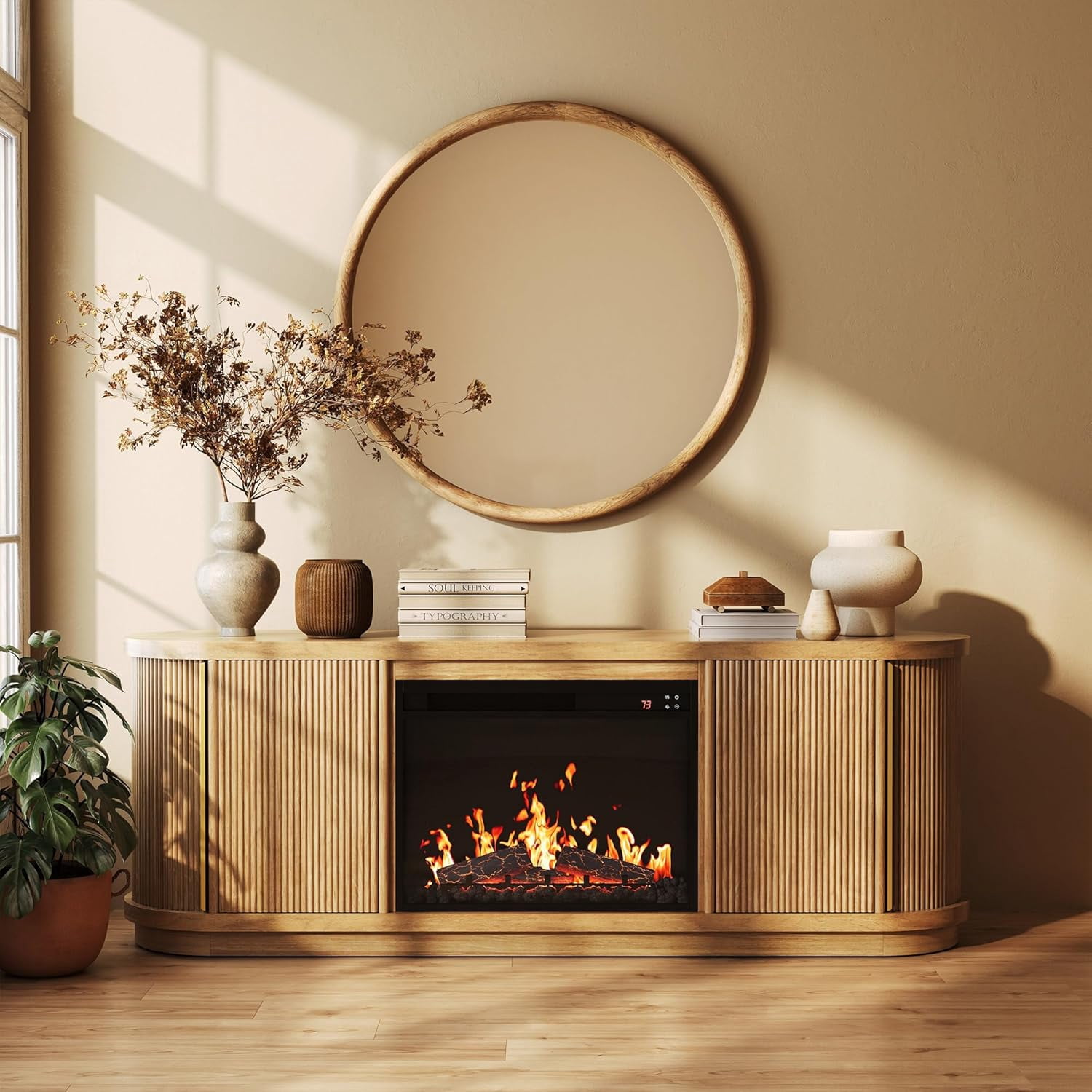 YANGLI 67" Fluted TV Stand with Electric Fireplace Heater & Sound ...