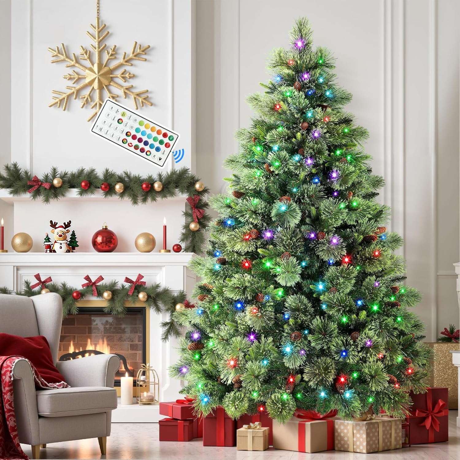 YANGLI 7.5ft Pre-Lit Artificial Carolina Pine Christmas Tree, Remote ...