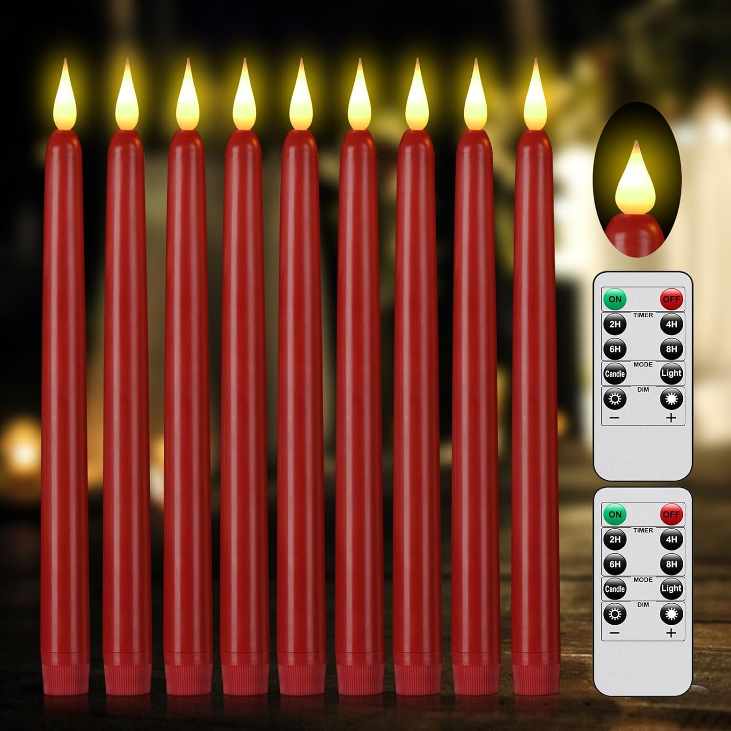 YANGLI 9-Pack Red Flameless Taper Candles with Remote, 9.2-Inch Plastic ...