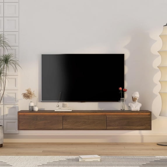 YANGLI Floating TV Stand Wall Mounted TV Shelf w/ LED Lights & Power ...