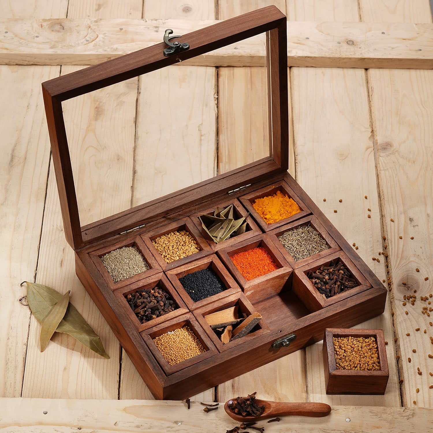 YANGLI Wooden Spice Box (Masala Dabba) – with Glass Lid, 12 Removable ...