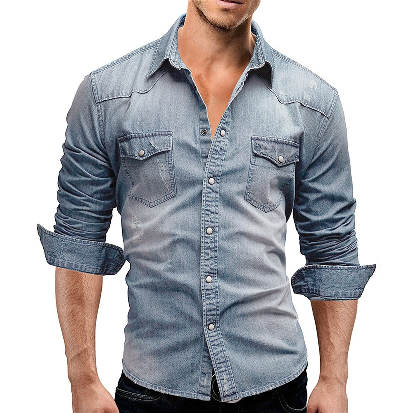 YANGXINX Men's Denim Shirts Oversized Western Cowboy Button Down Long ...