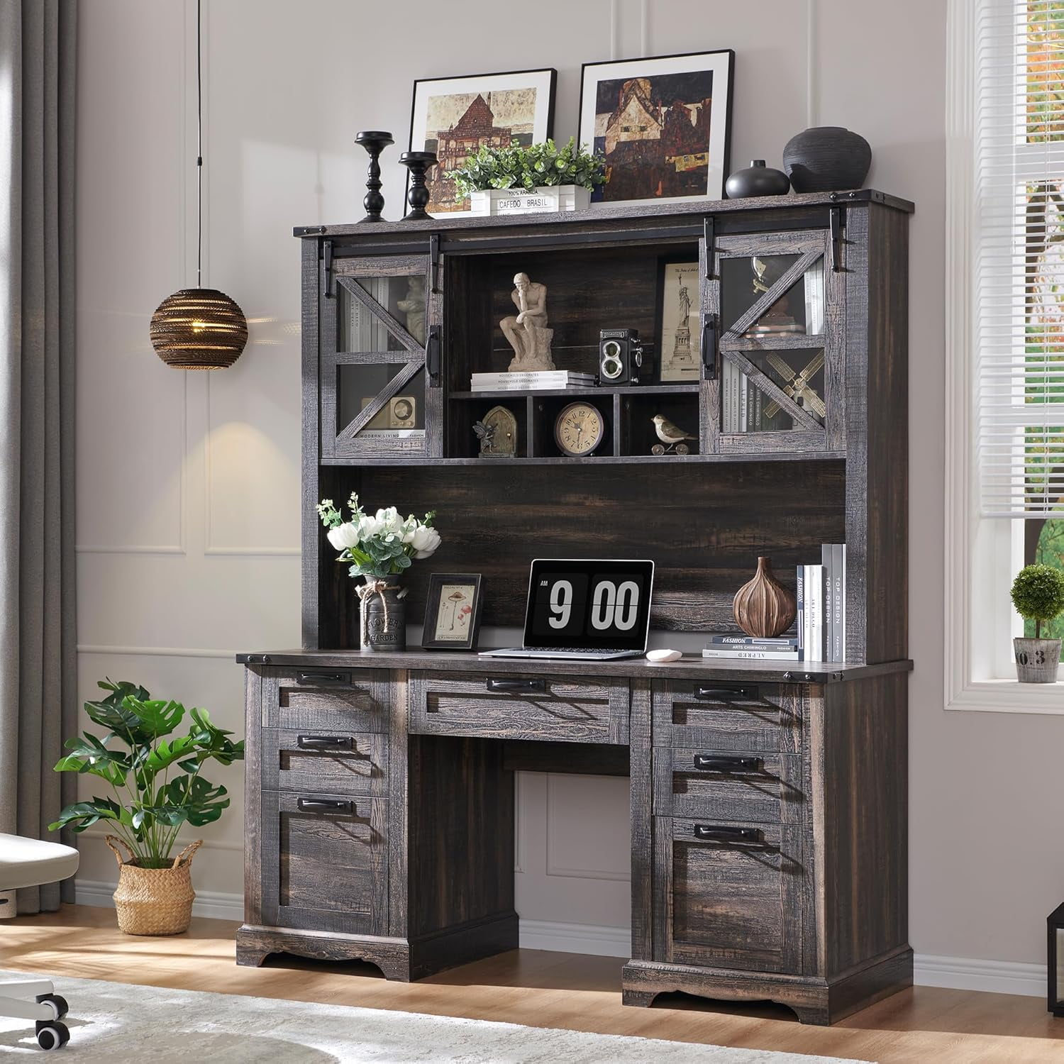 YANGZHIBO 60" Farmhouse Desk with Hutch, Wood Home Office Executive ...