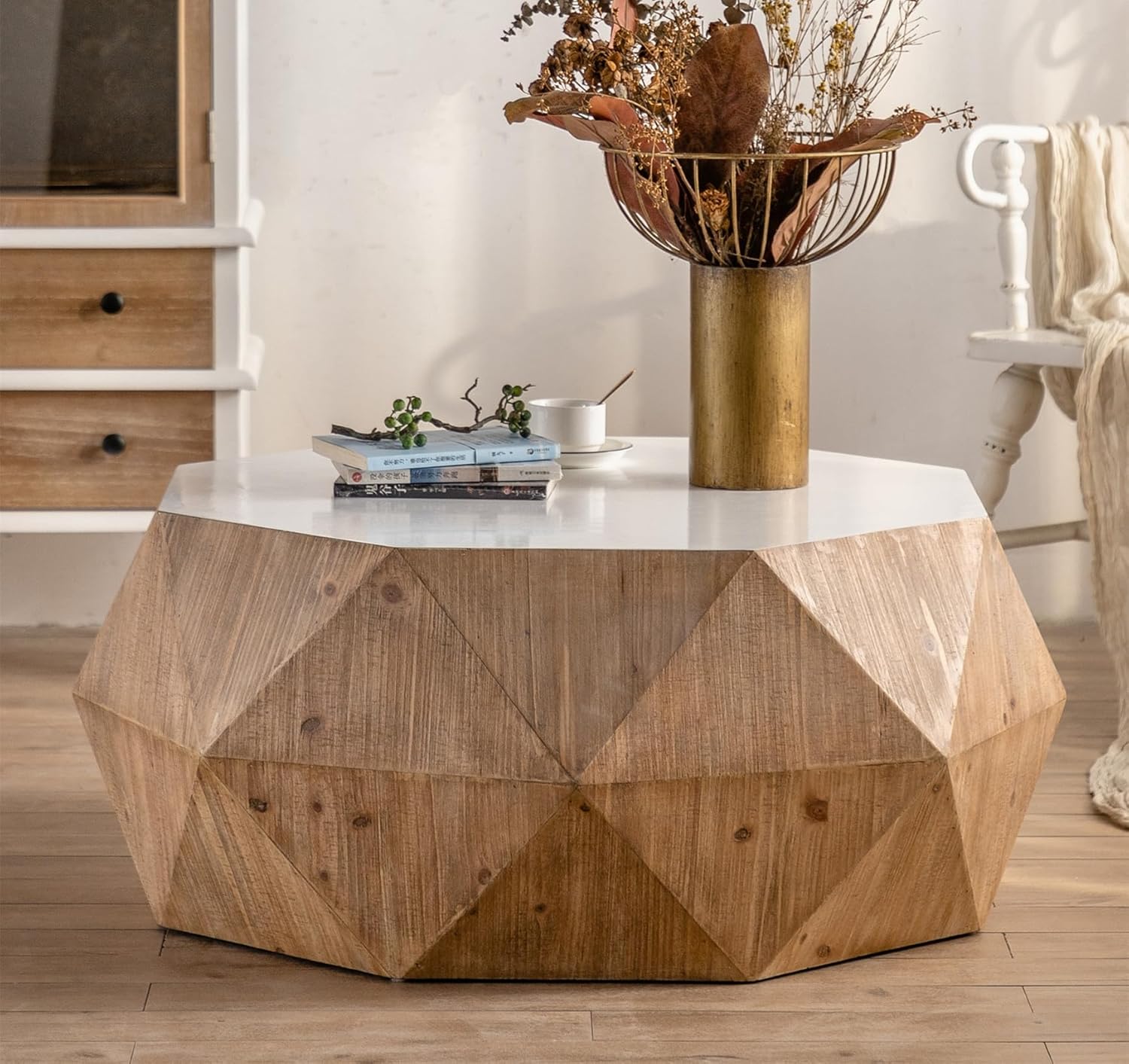 YANGZHIBO Drum-Shape Wood Coffee Table with Diamond Pattern Farmhouse ...