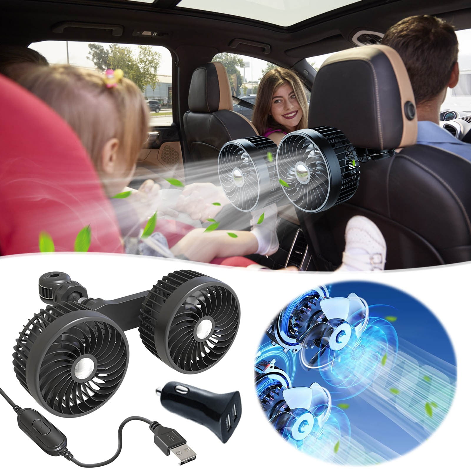 YANHAIGONG 12V Car Fan,Clip Car Fan,Dual Head Fan for Front/Rear Seat ...