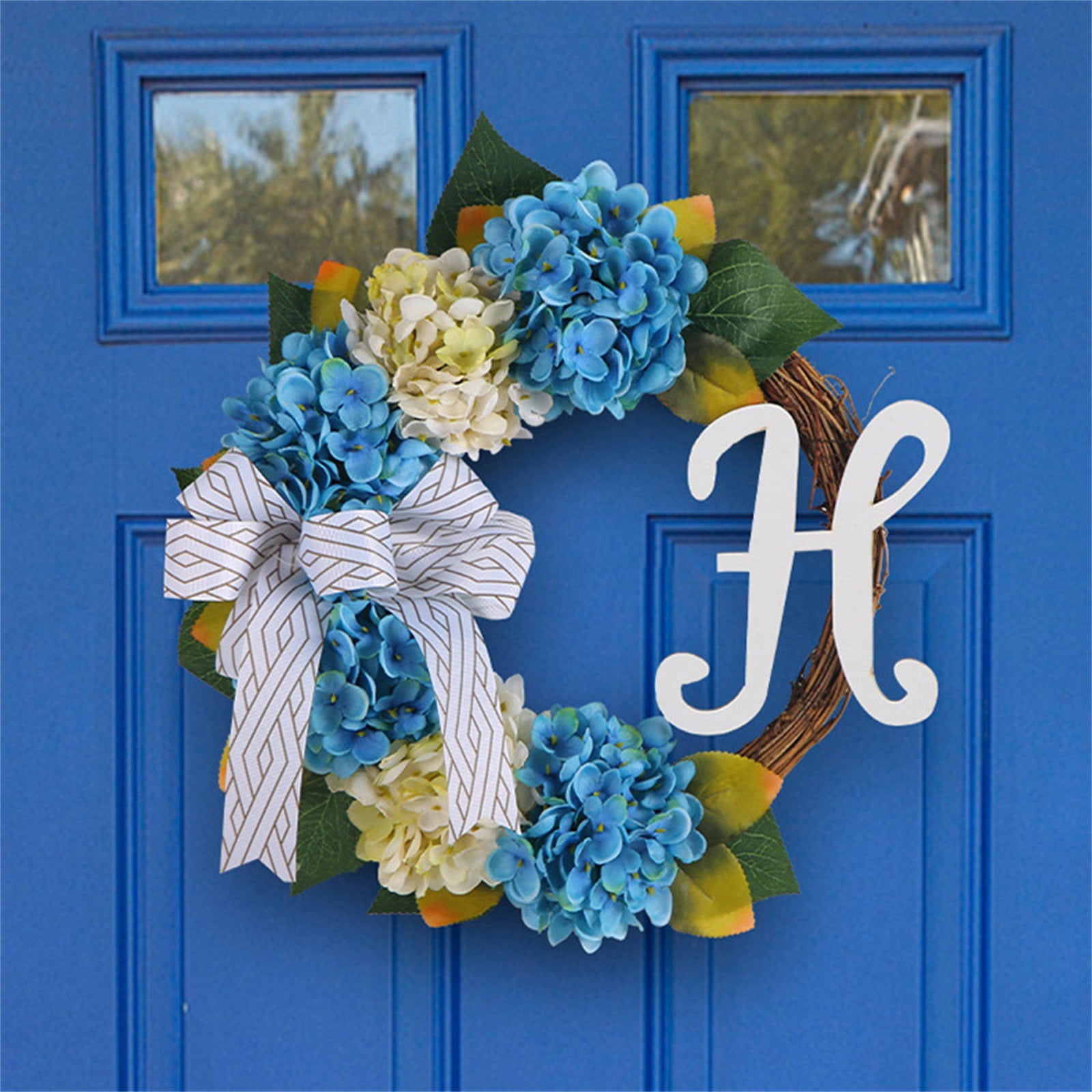 YANHAIGONG Blue Hydrangea Wreath Front Door, Cream Hydrangea Door ...