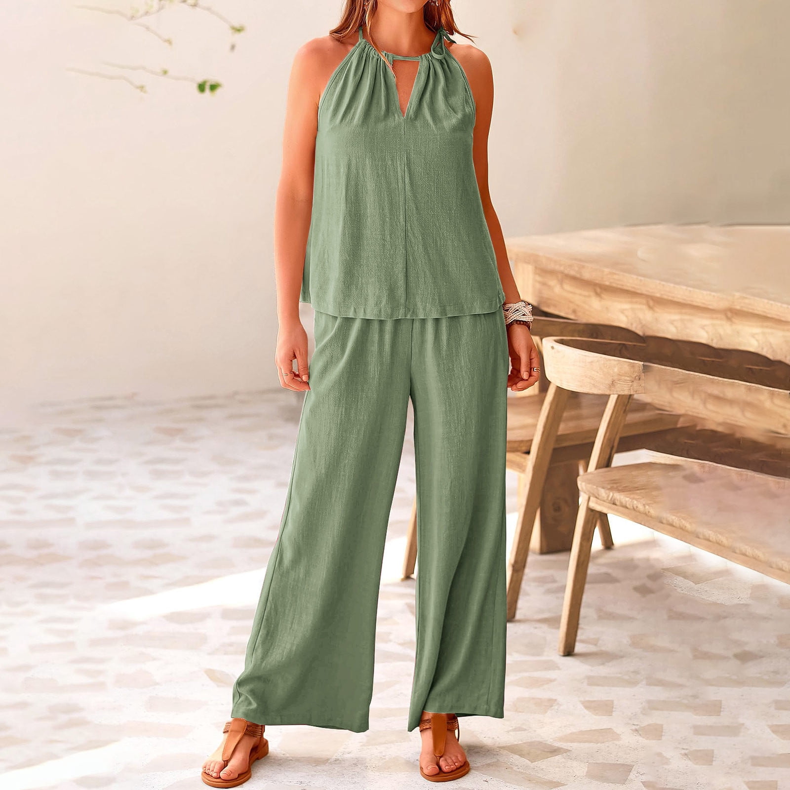 YANHAIGONG Cotton Linen Sets Womens 2 Piece Outfits, 2024 Summer Womens ...