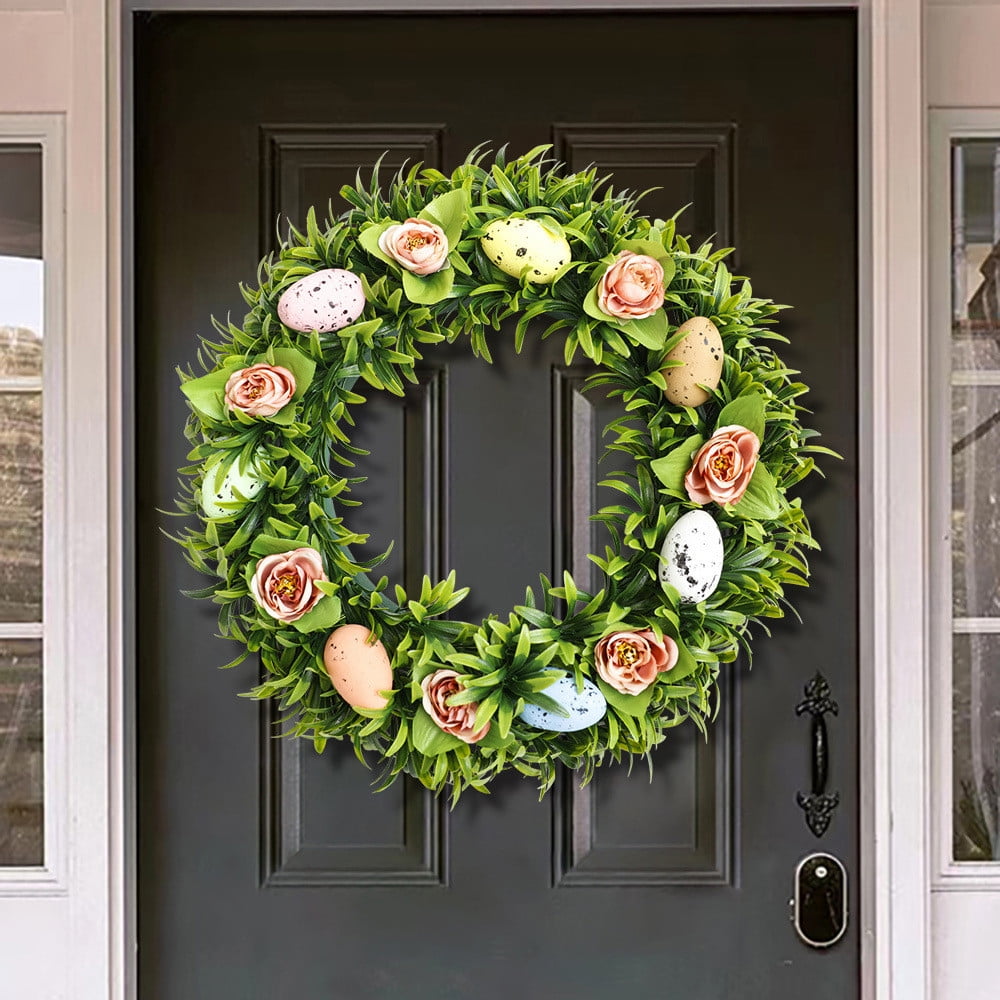 YANHAIGONG Easter Wreaths for Front Door,Happy Easter Floral Garland ...