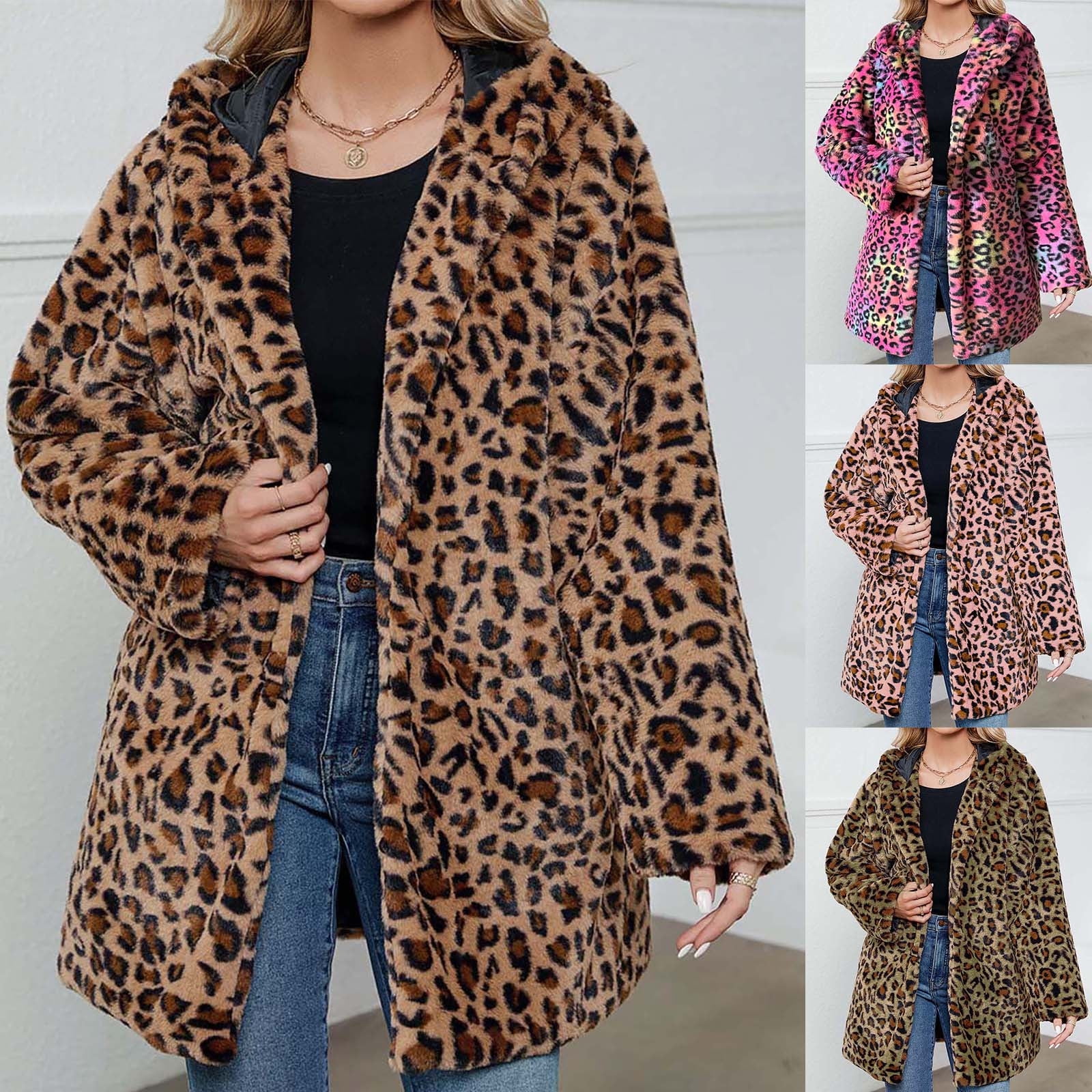 YANHAIGONG Faux Jackets for Women Leopard Print Coat Plus Size Long ...