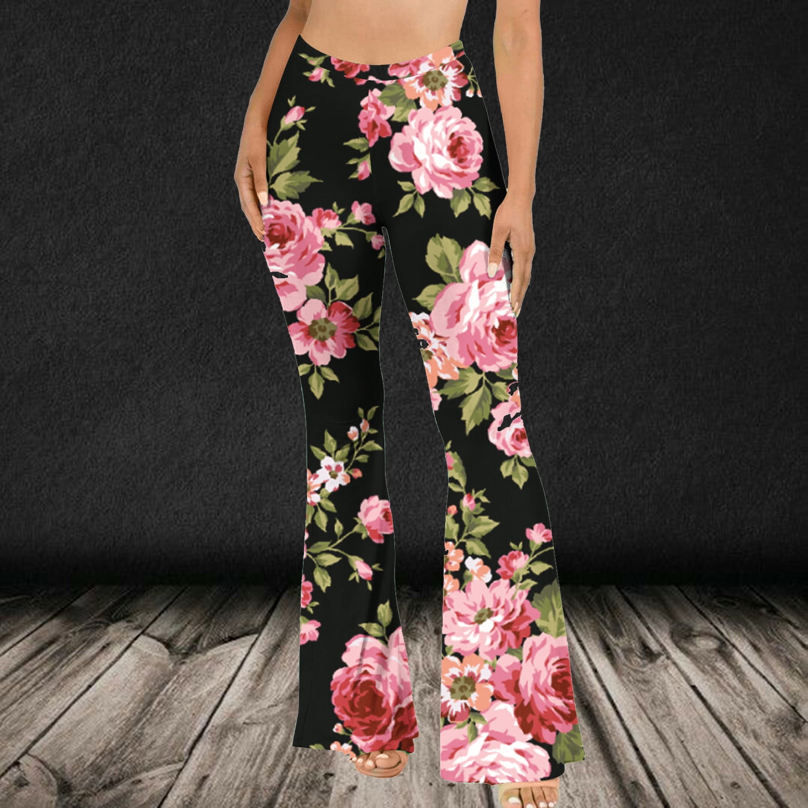 YANHAIGONG Women Boho Flower Pants Vintage Rose Plus Size Hippie Pants ...