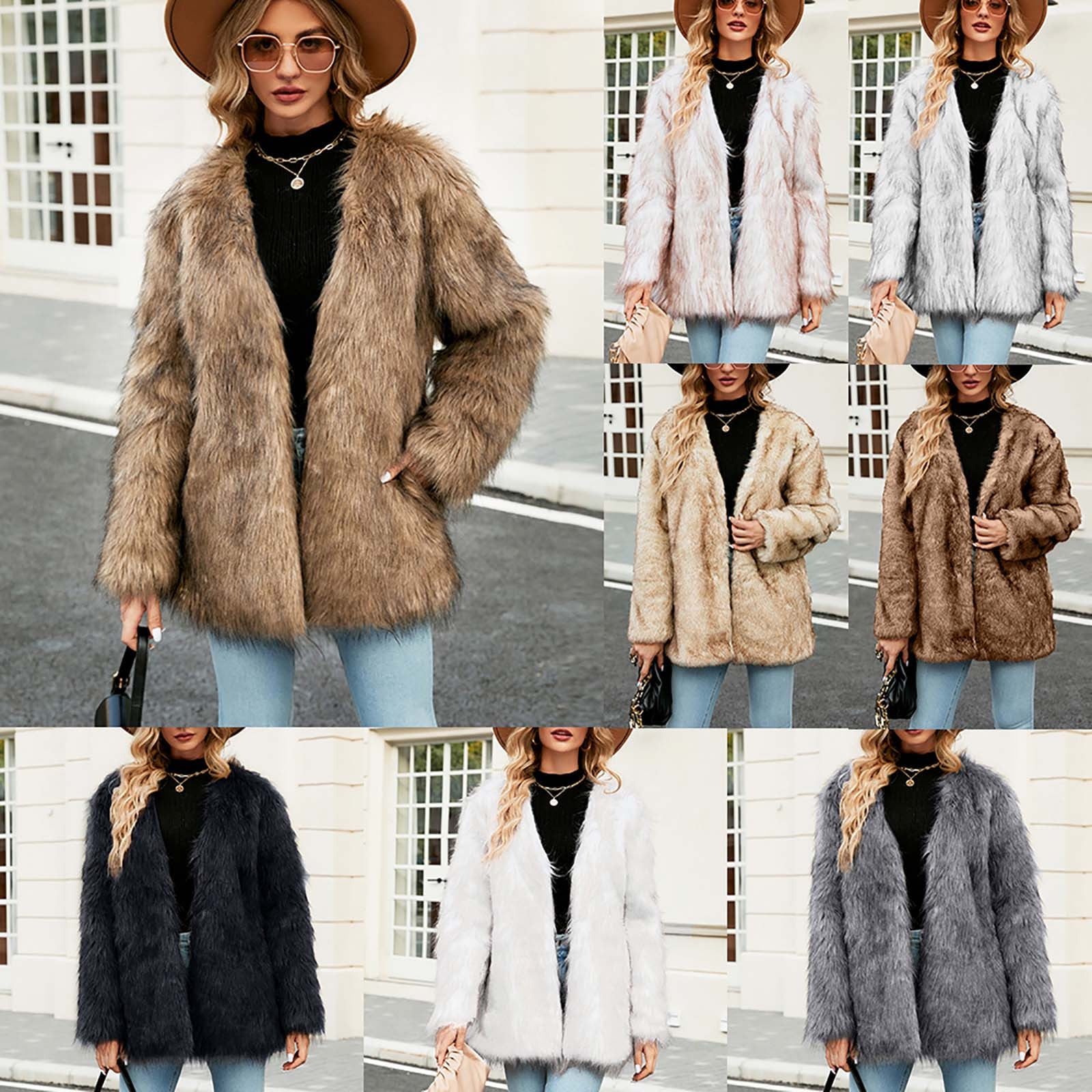 YANHAIGONG Women Long White Fluffy Coat Brown Faux Fur Winter Coats for Women Long Soft Coat ...