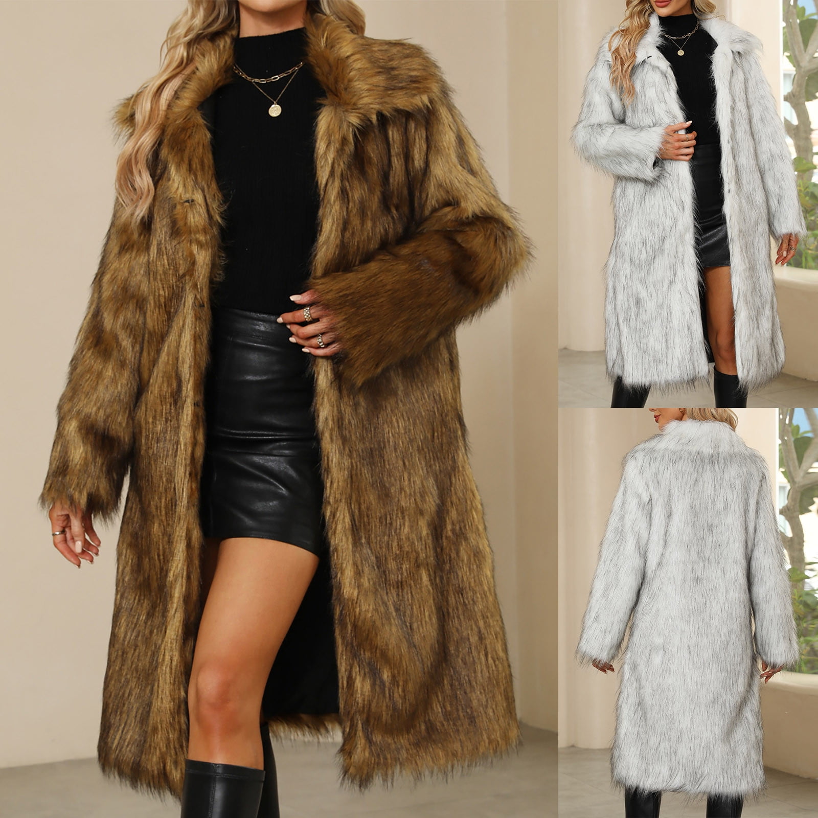 Yanhaigong Women Long White Fluffy Coat Brown Faux Fur Winter Coats For