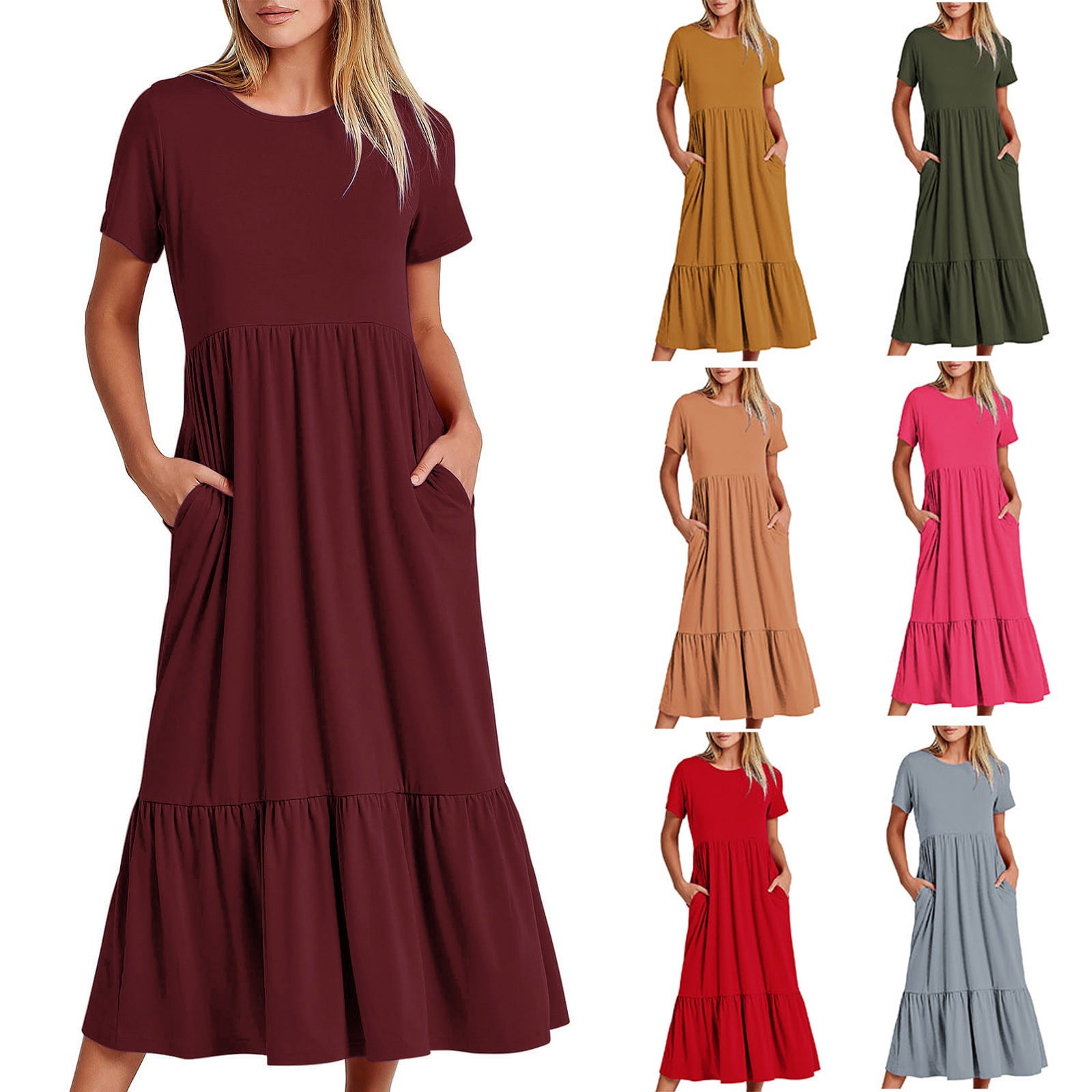 YANHAIGONG Women's Summer Flowy Tiered Maxi Dress,Solid Long Maxi ...