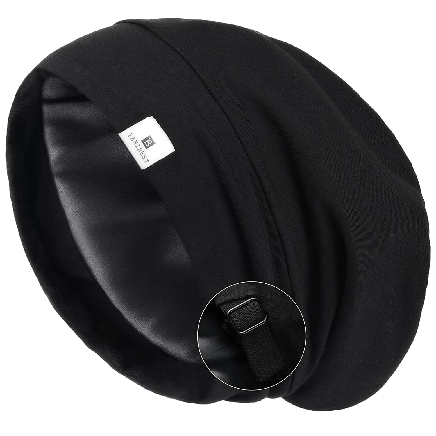 YANIBEST Silk Satin Bonnet Hair Cover Sleep Cap - Black Adjustable Silk ...