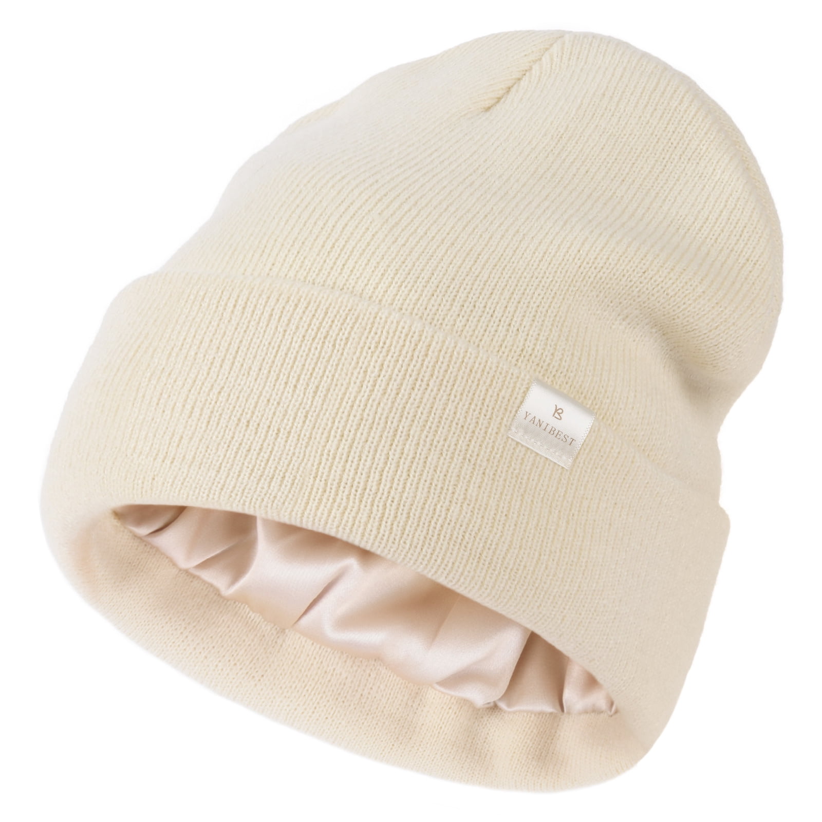 YANIBEST Womens Saitn Lined Beige Knit Beanie Hat Acrylic Winter Hats ...