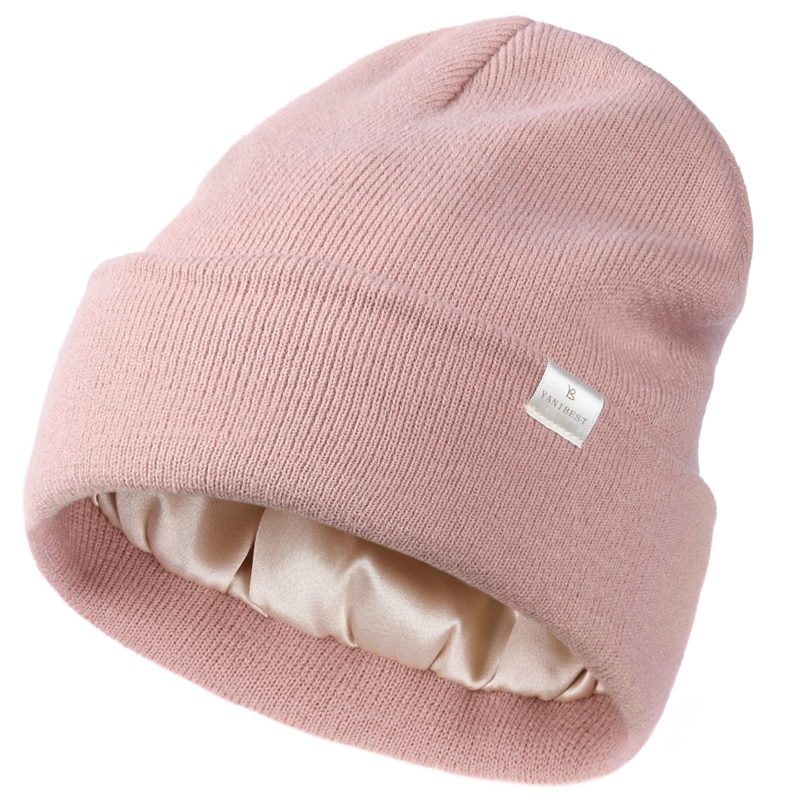 YANIBEST Womens Saitn Lined Pink Knit Beanie Hat Acrylic Winter Hats ...