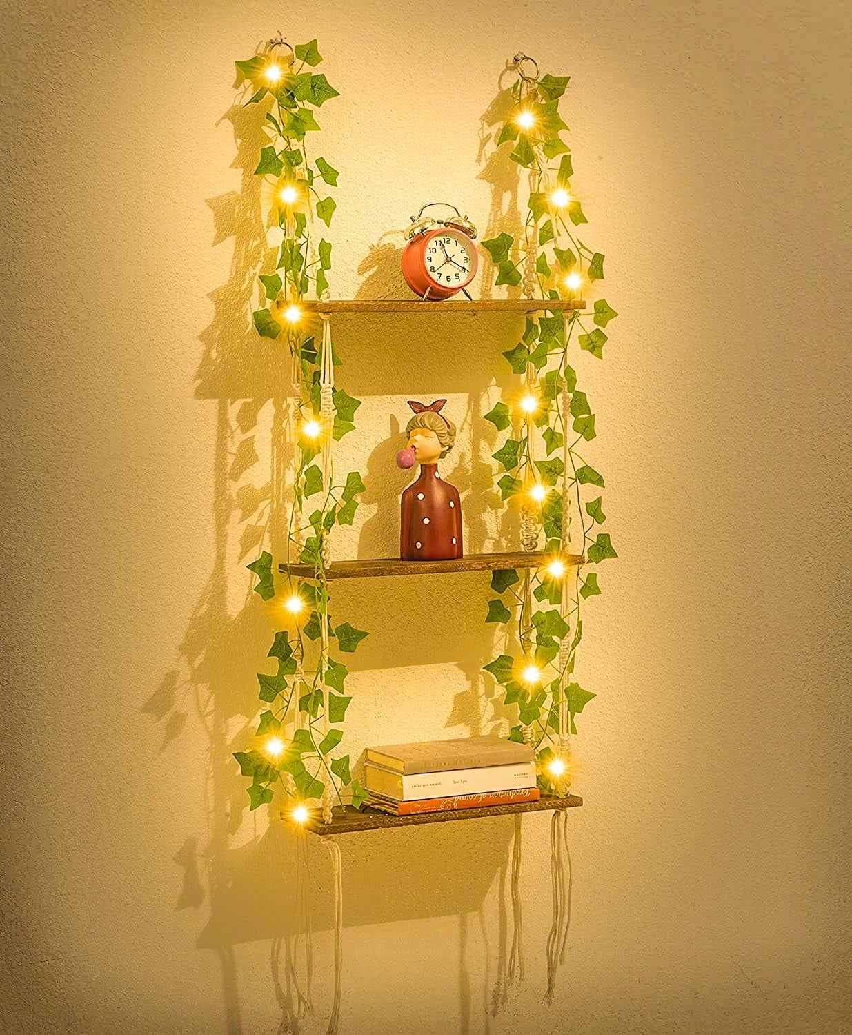 YANLIN-3 Tier Macrame Wall Hanging Shelves with Artificial Ivy Leaves ...