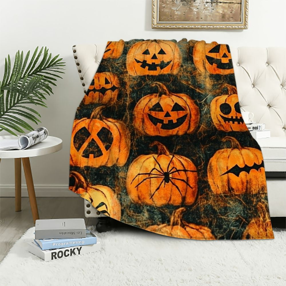 YANMS Halloween Blanket, Orange Checkered Plaid Pumpkin Black Bat Ghost ...